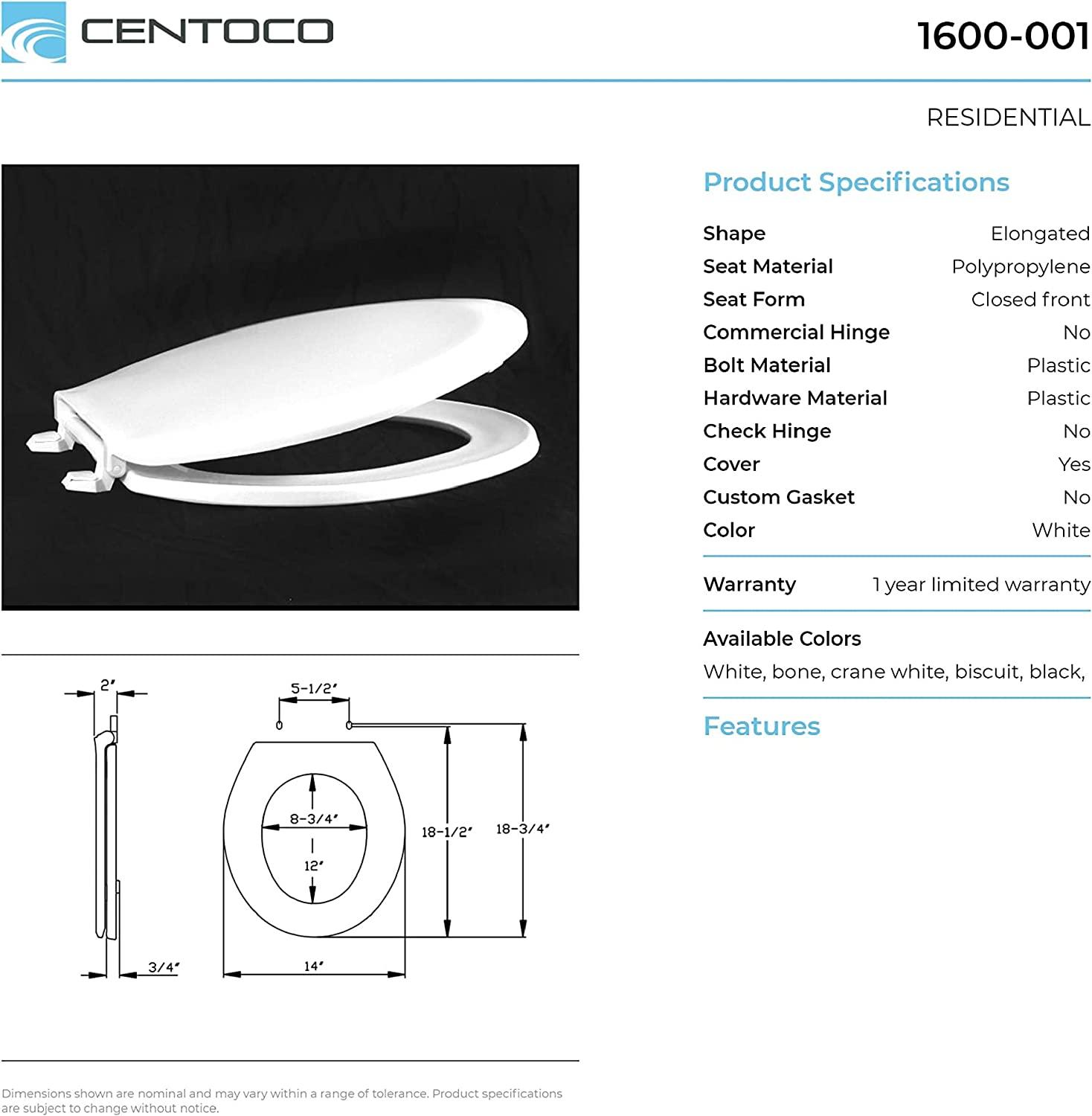 Centoco 1600-001 Elongated Plastic Toilet Seat - Standard Economy Model ...