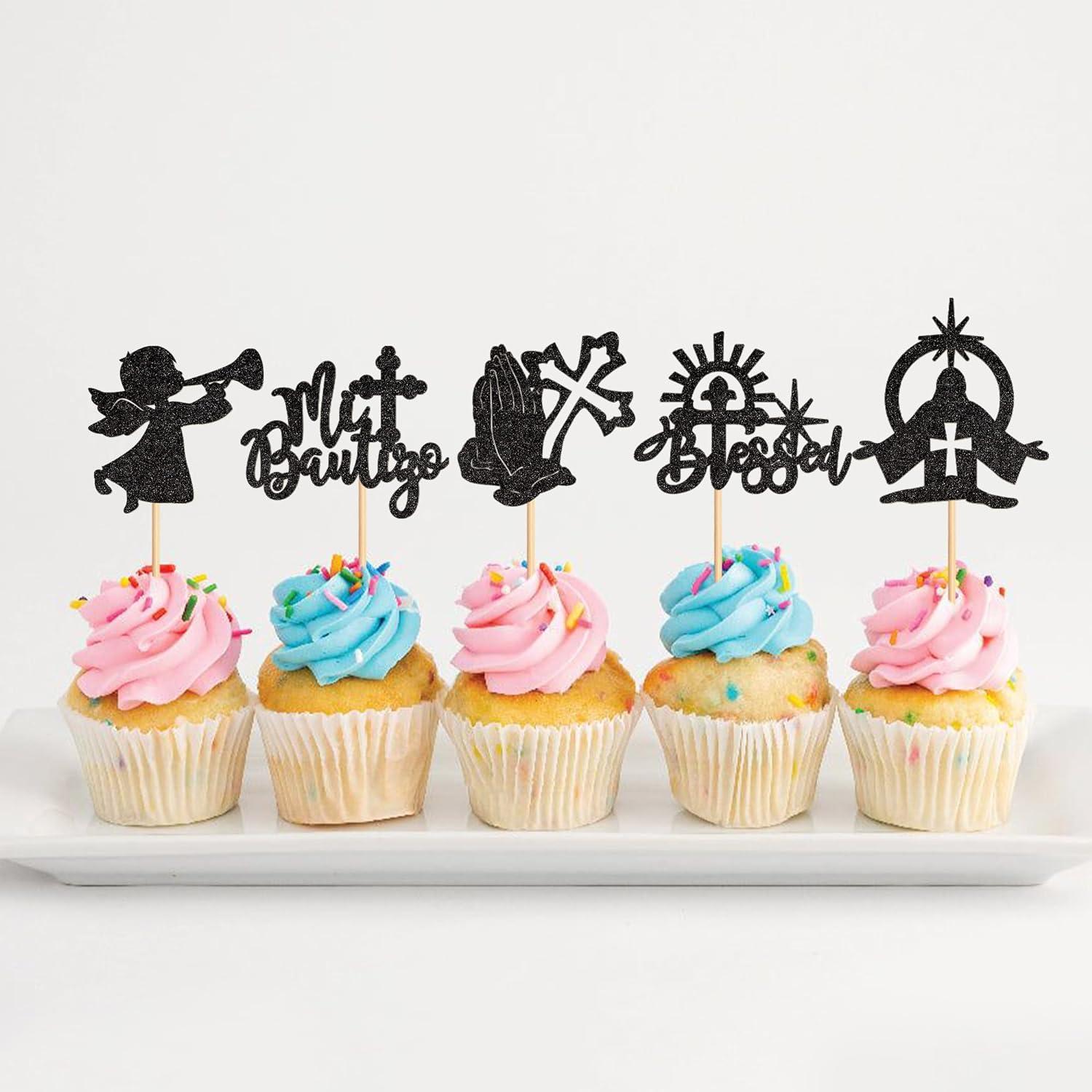 Ercadio 25 Pack Mi Bautizo Cupcake Toppers Black Glitter Cross Angel ...
