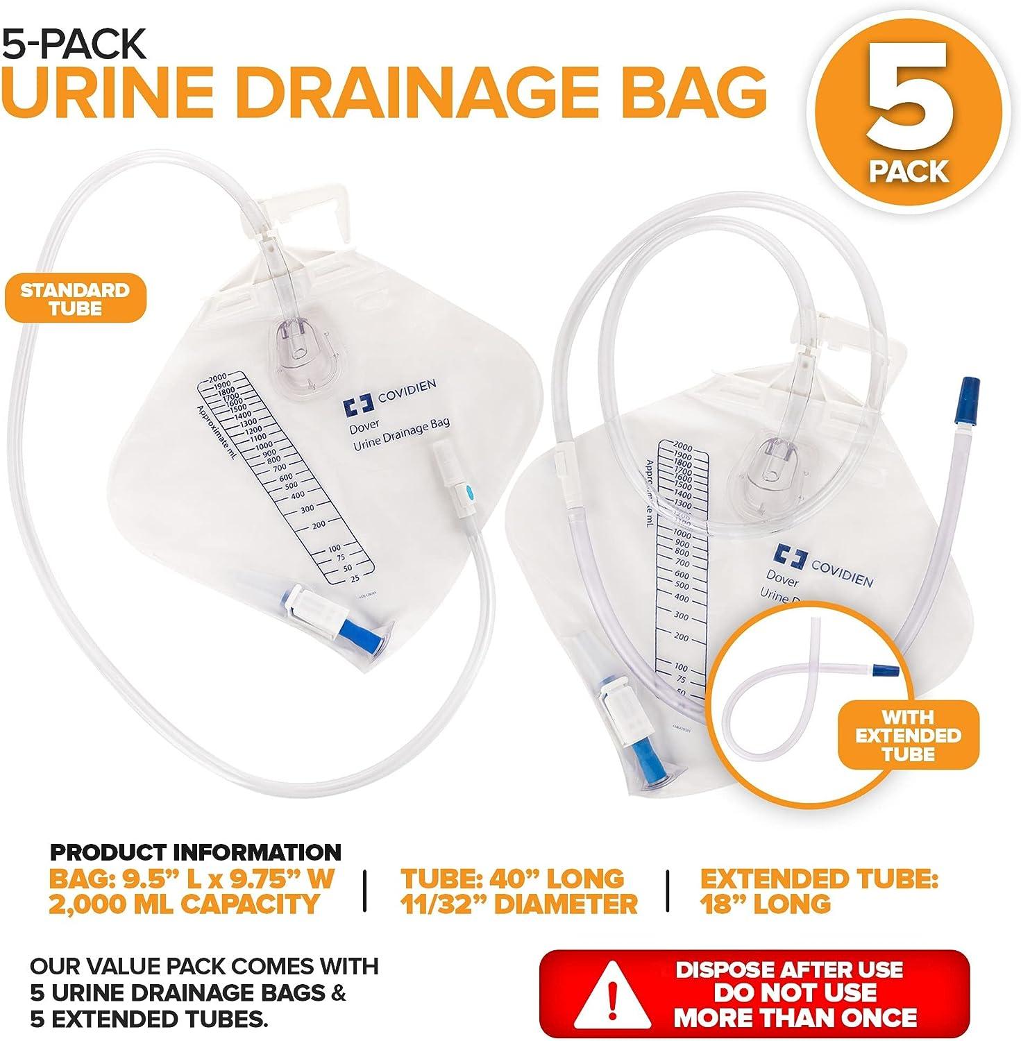 5 Pack Urine Drainage Bags with 18 Extended Tube - Anti-Reflux Chamber ...