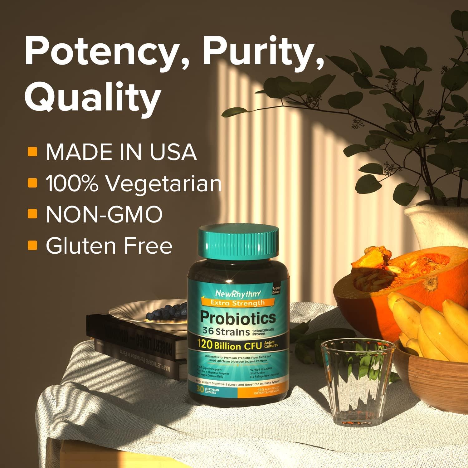 NewRhythm Extra Strength Probiotics 120 Billion CFU - 30 Capsules for ...