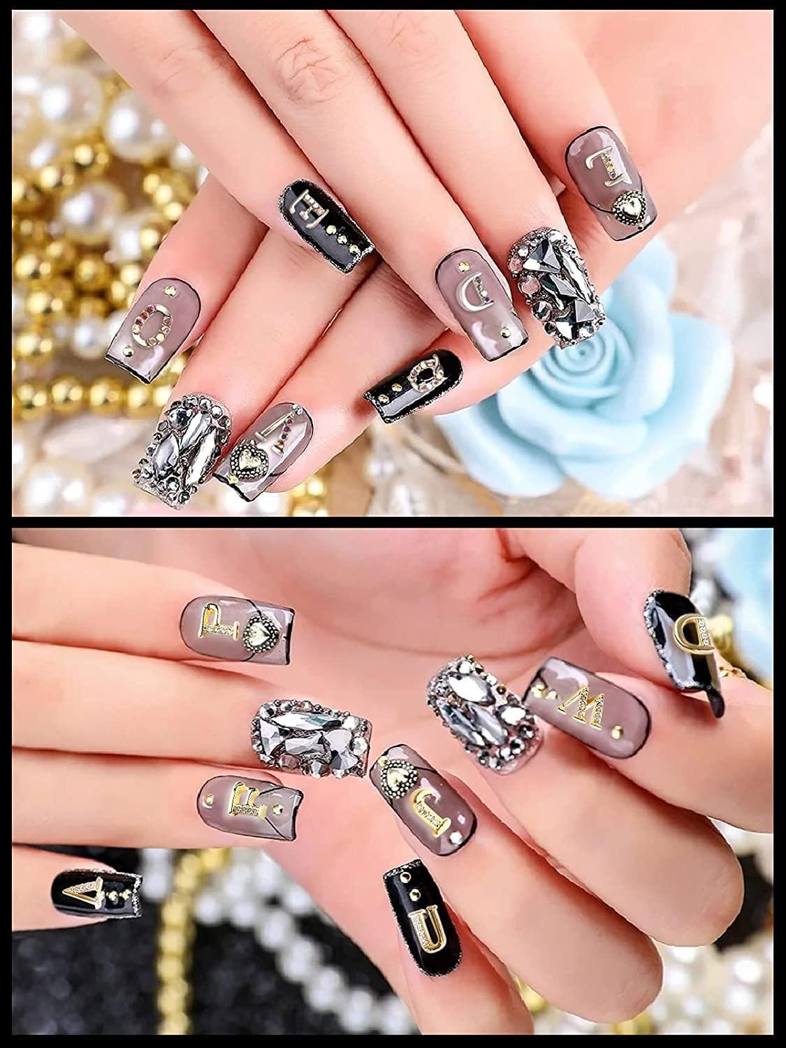 Weilisu Rhinestone Letters Nail Studs - Gold, Silver, Rose Gold | 3D ...