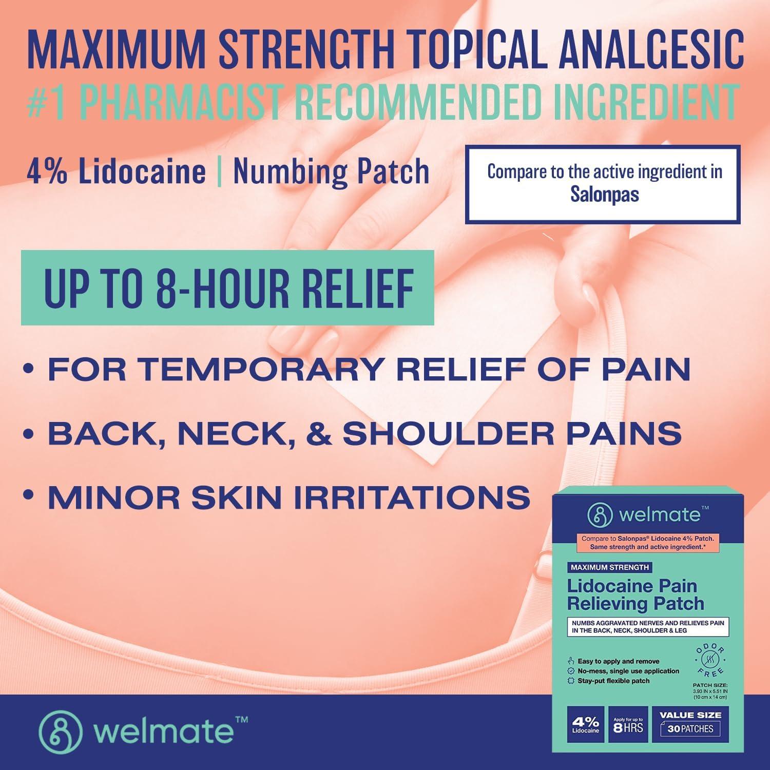 Welmate 4% Lidocaine Numbing Patch | Maximum Strength for Aches, Pains, Muscle Soreness & Joint ...