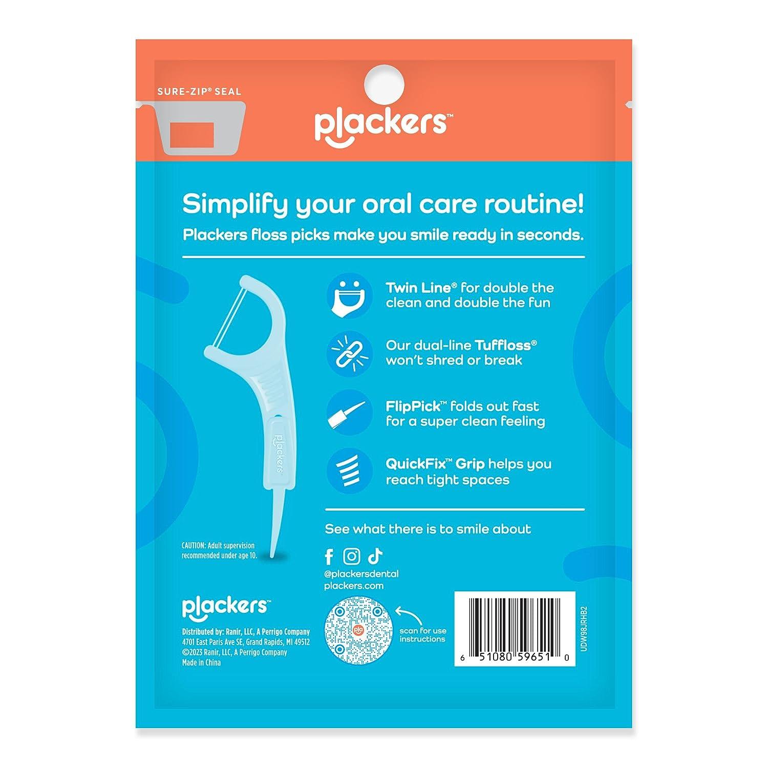 Plackers Twin-Line Dental Flossers 75 Count - Cool Mint Flavor, Dual Action Flossing System with ...