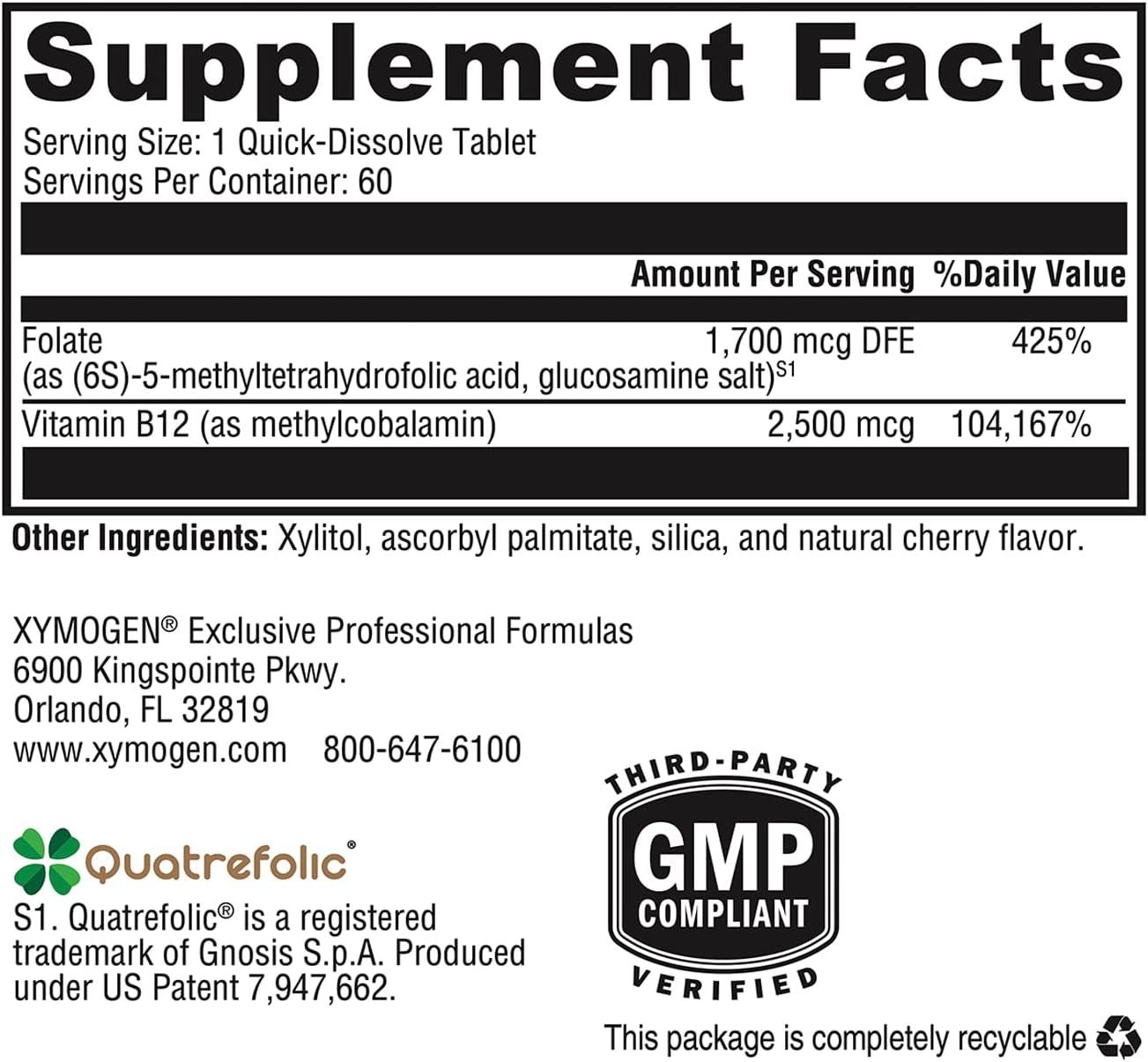 XYMOGEN 5-MTHF Plus B12 - Biologically Active Folate + Methyl B12 for Methylation & Nervous ...