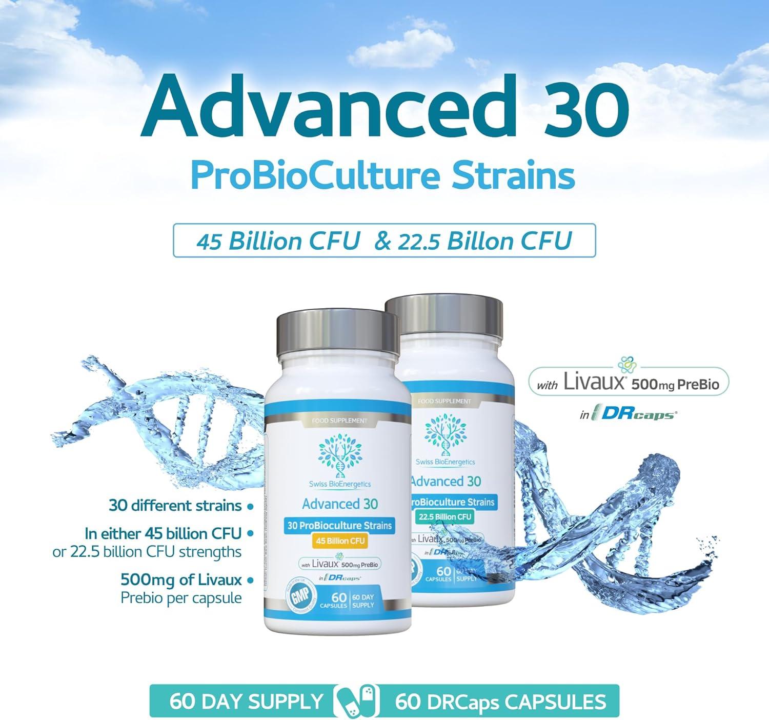 Advanced Bio Cultures Complex Probiotics & Prebiotics - 45 Billion CFU, 30 Strains with Livaux ...