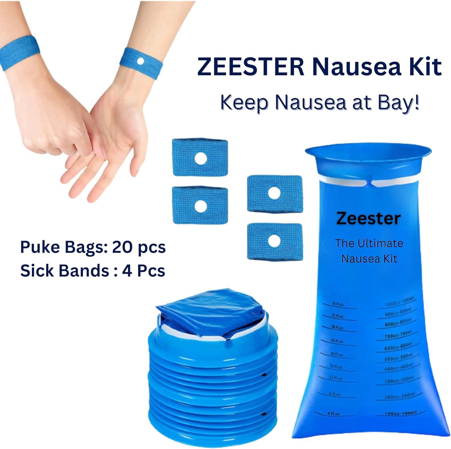 ZEESTER 1000ml Vomit Bags Kit | 20 Sick Bags + 4 Anti-Sickness Bands ...