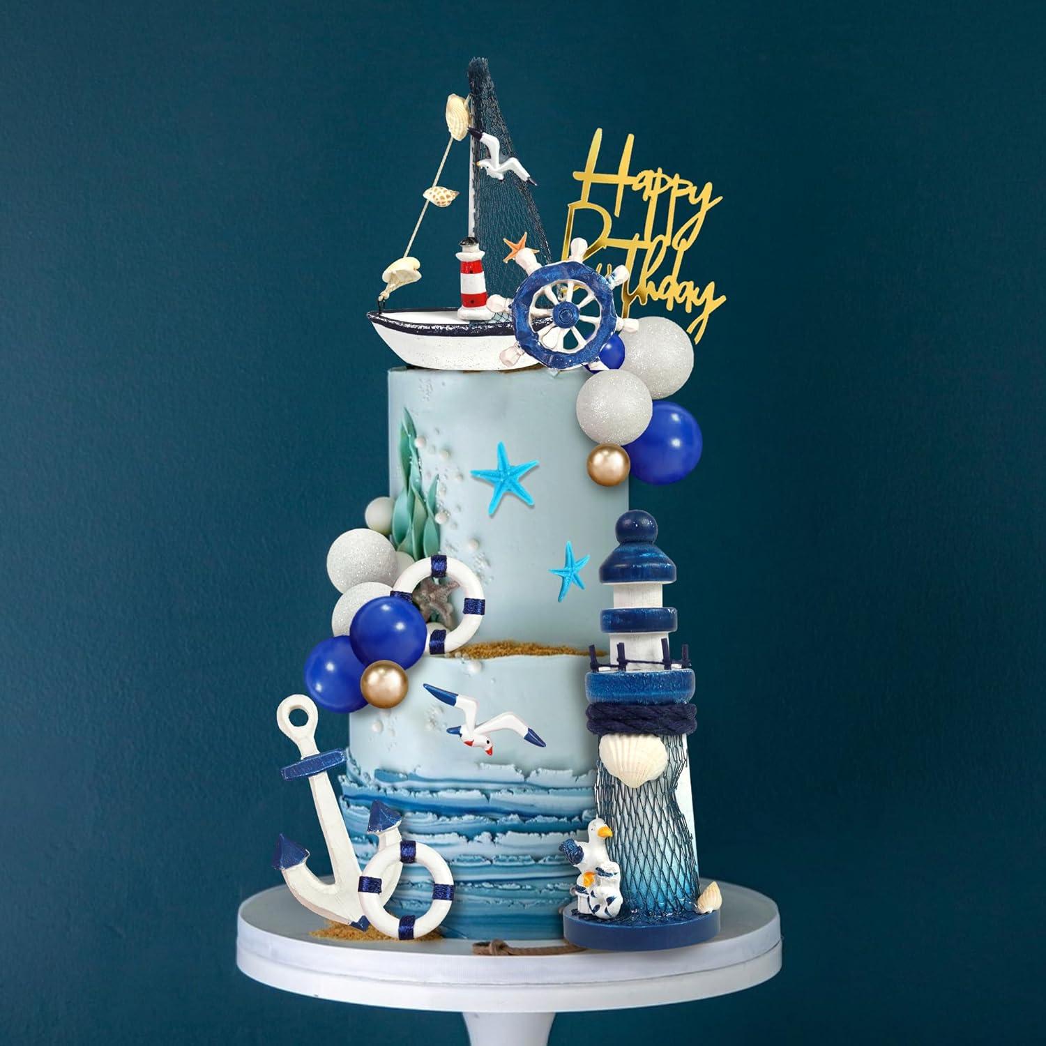 DRWATE Nautical Cake Topper Ship Lighthouse Blue White ball Cake ...