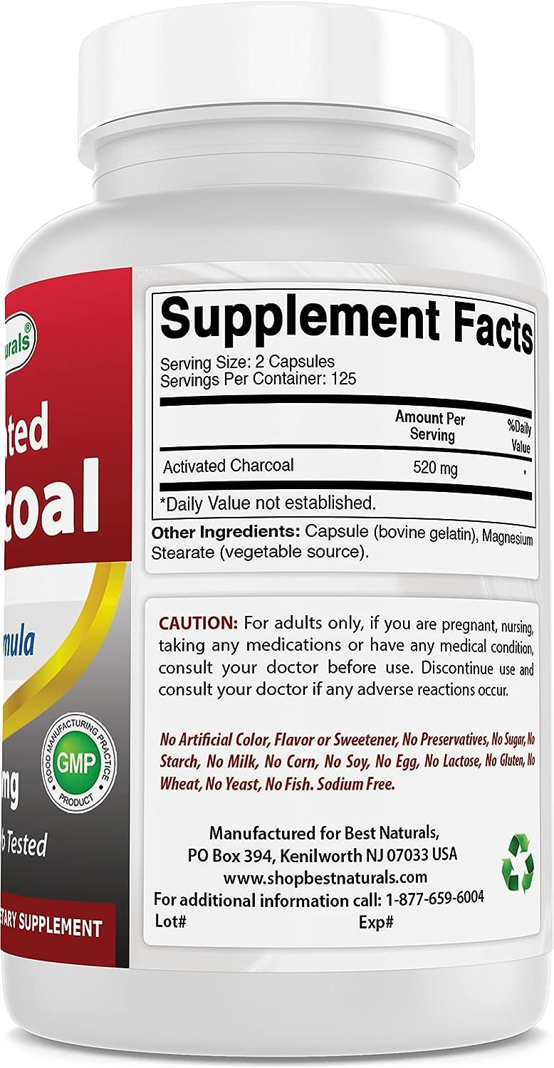 Best Naturals Activated Charcoal 280mg - 250 Capsules (Pack of 1 ...