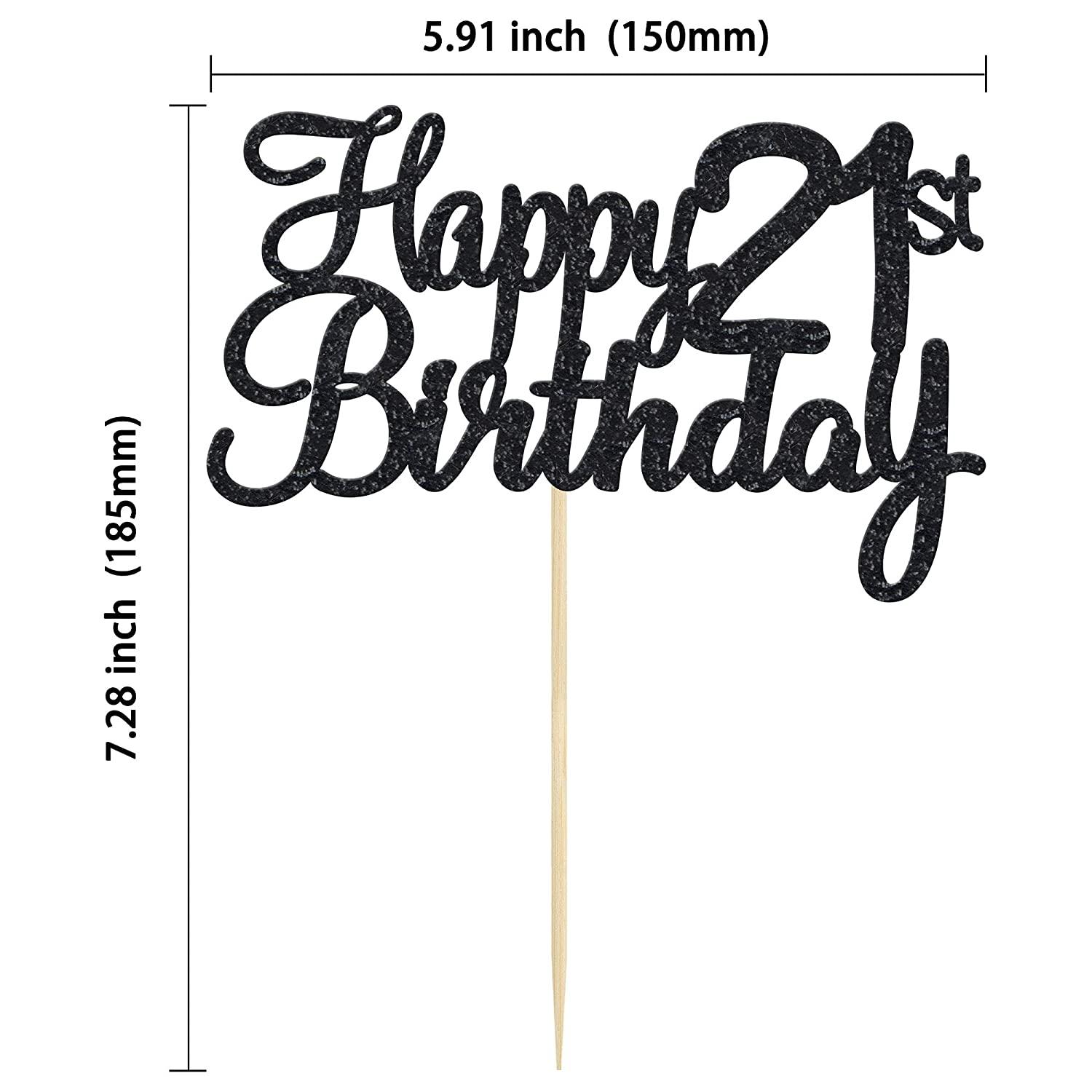 Happy 21st Birthday Cake Topper - Black Glitter 21 Cake Decoration for ...