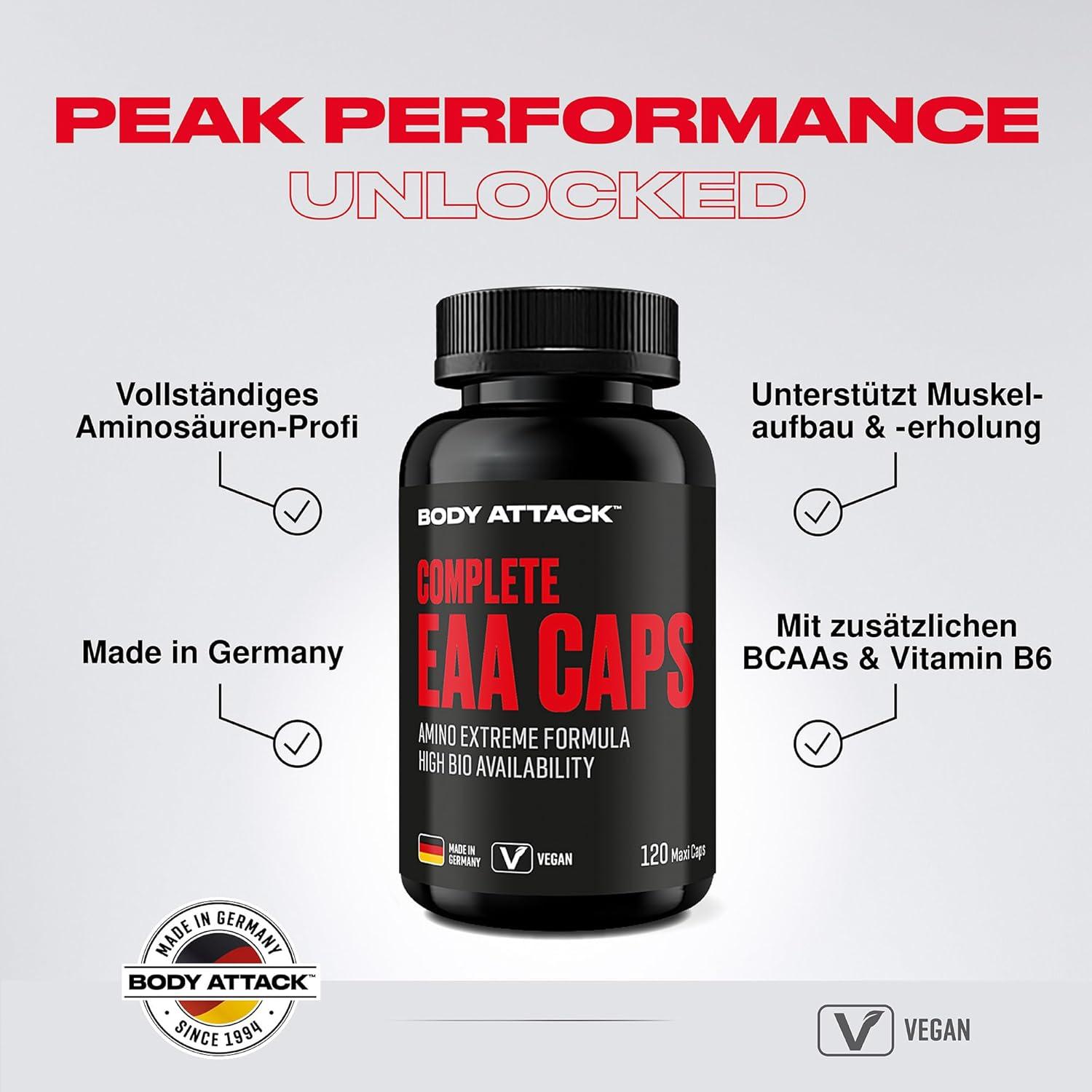 Body Attack Complete EAA Caps - Vegan High-Dose Amino Acids for Muscle ...