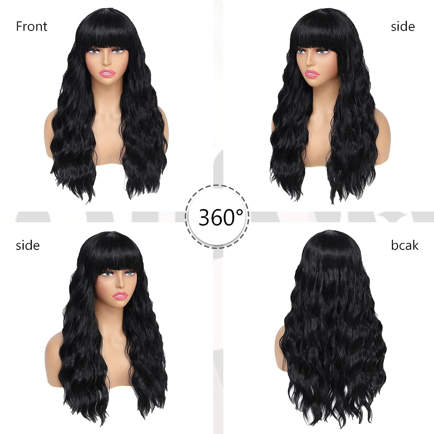 LuxeMelan Black Long Wavy Synthetic Bang Wig - Ocean Wavy Machine Wig ...