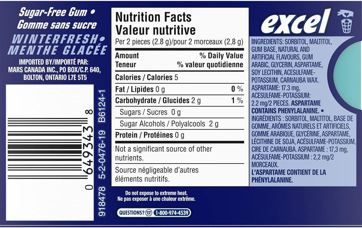 EXCEL Winterfresh Flavoured Sugar Free Chewing Gum 12 Pieces 12 Packs ...