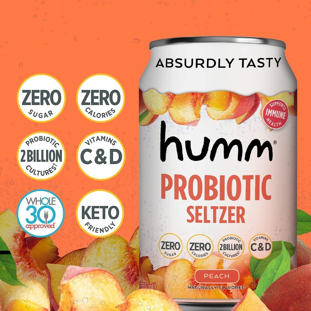Humm Sparkling Probiotic Peach Seltzer - Zero Sugar & Calorie, 2 ...