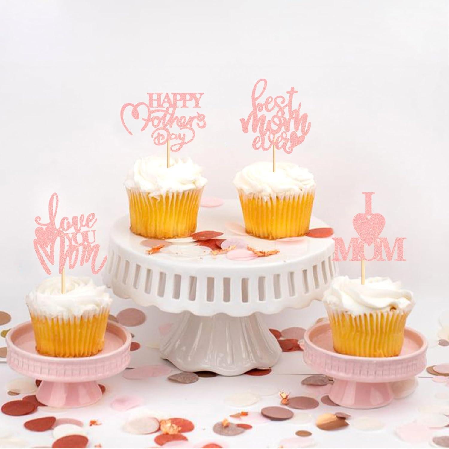 Blumomon 24Pcs Happy Mothers Day Cupcake Toppers Pink Glitter Mum's Day ...