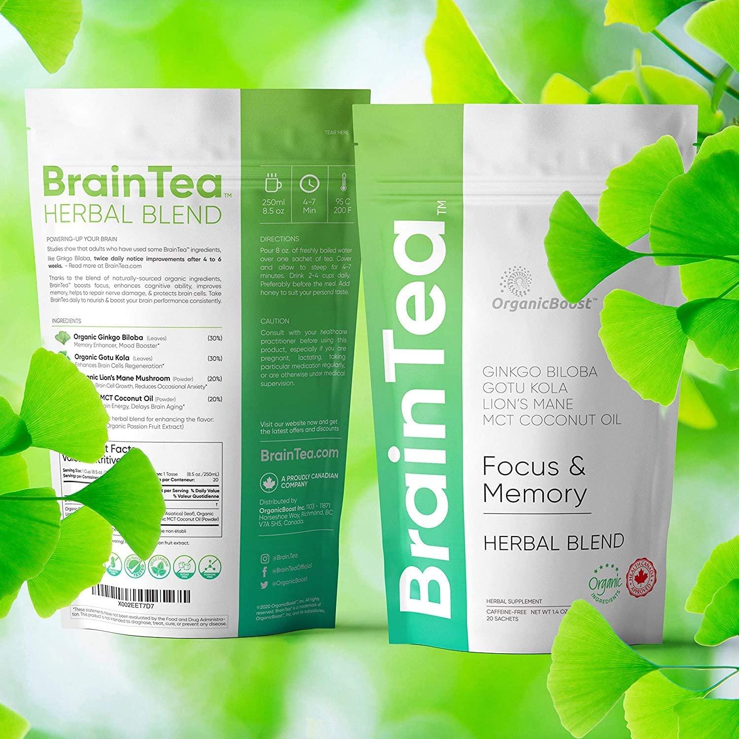 Organic Brain Tea with Gotu Kola, Ginkgo Biloba, Lion's Mane Mushroom ...