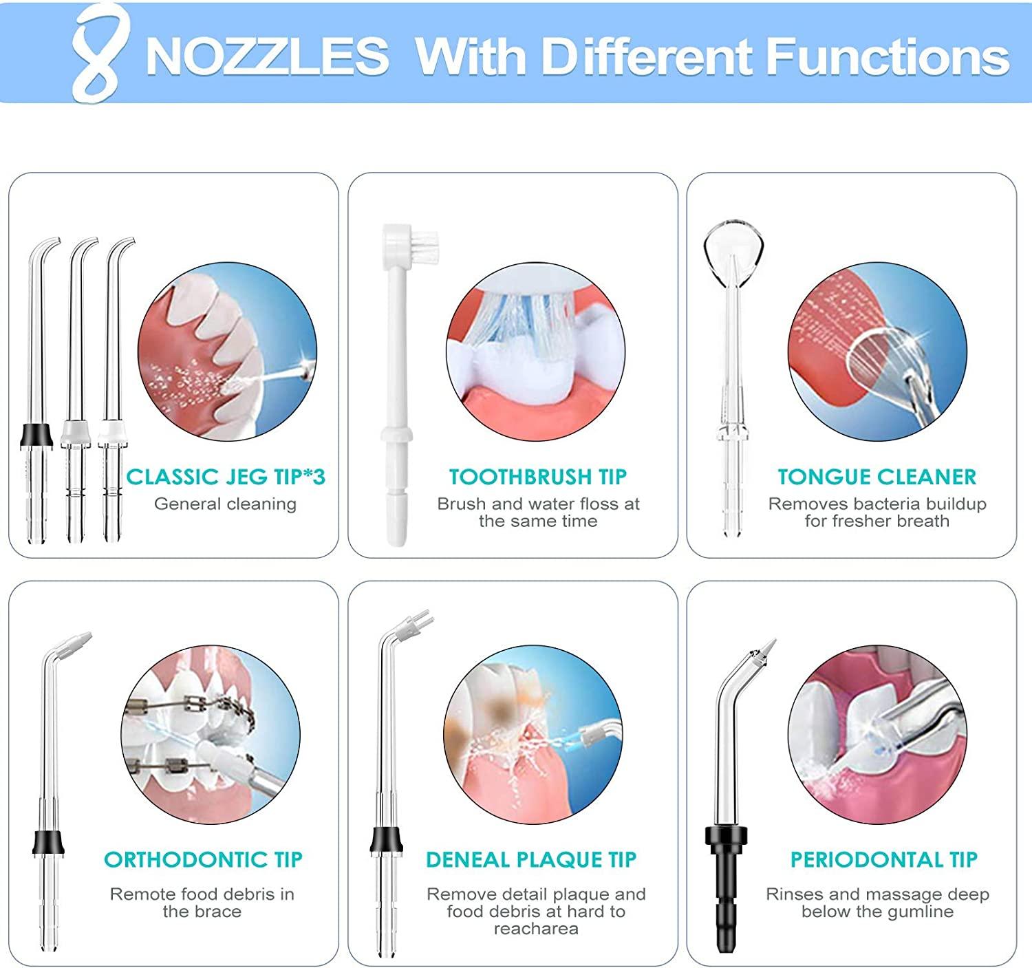 TUREWELL FC162 Water Dental Flosser - 10 Pressure Levels, 8 Jet Tips ...