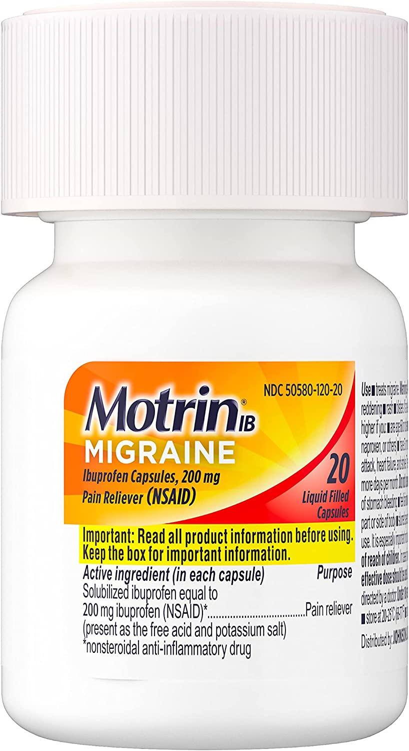 Motrin IB Migraine Liquid Gel Caps 20 Ct Ibuprofen 200mg for Migraine ...