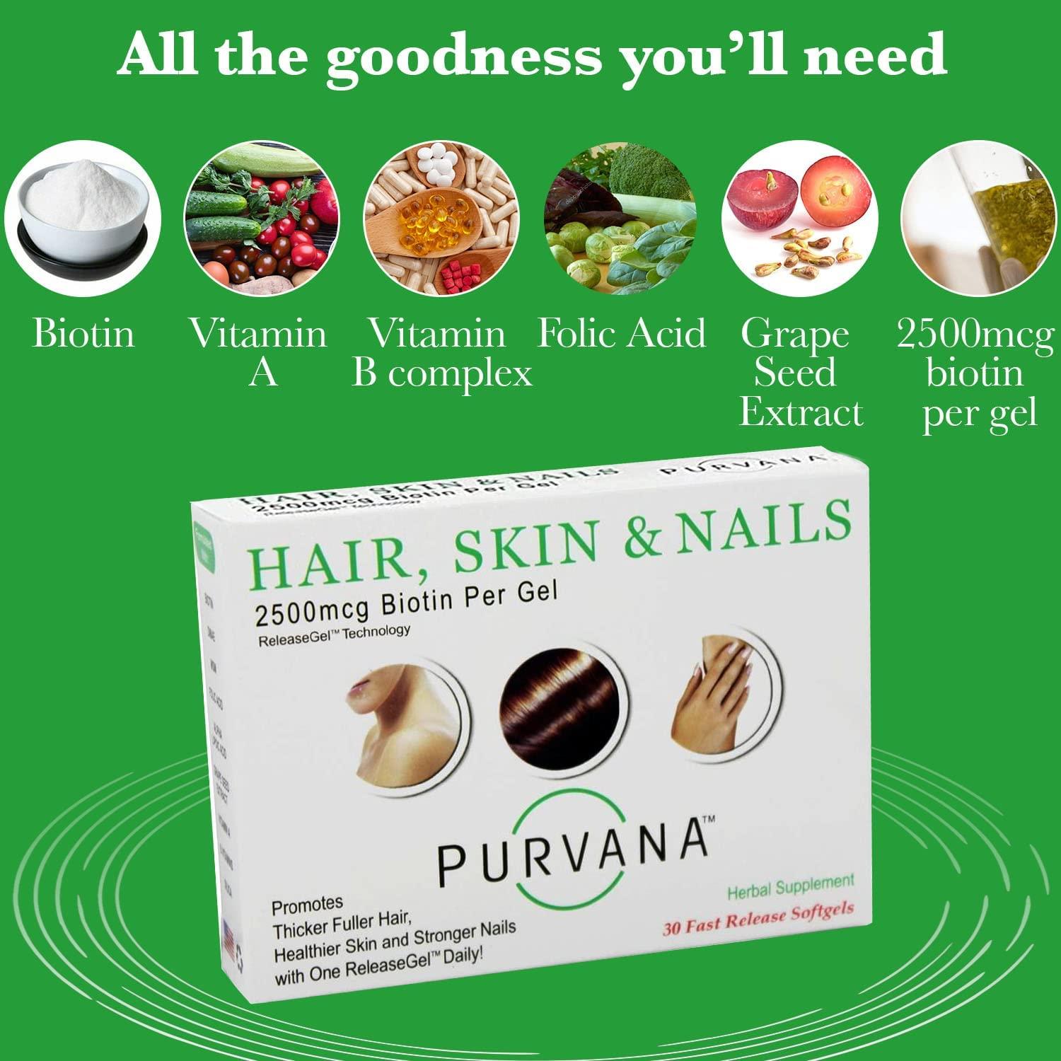 Wellgenix Purvana Biotin Softgels - Double Strength 2500mcg for Hair ...