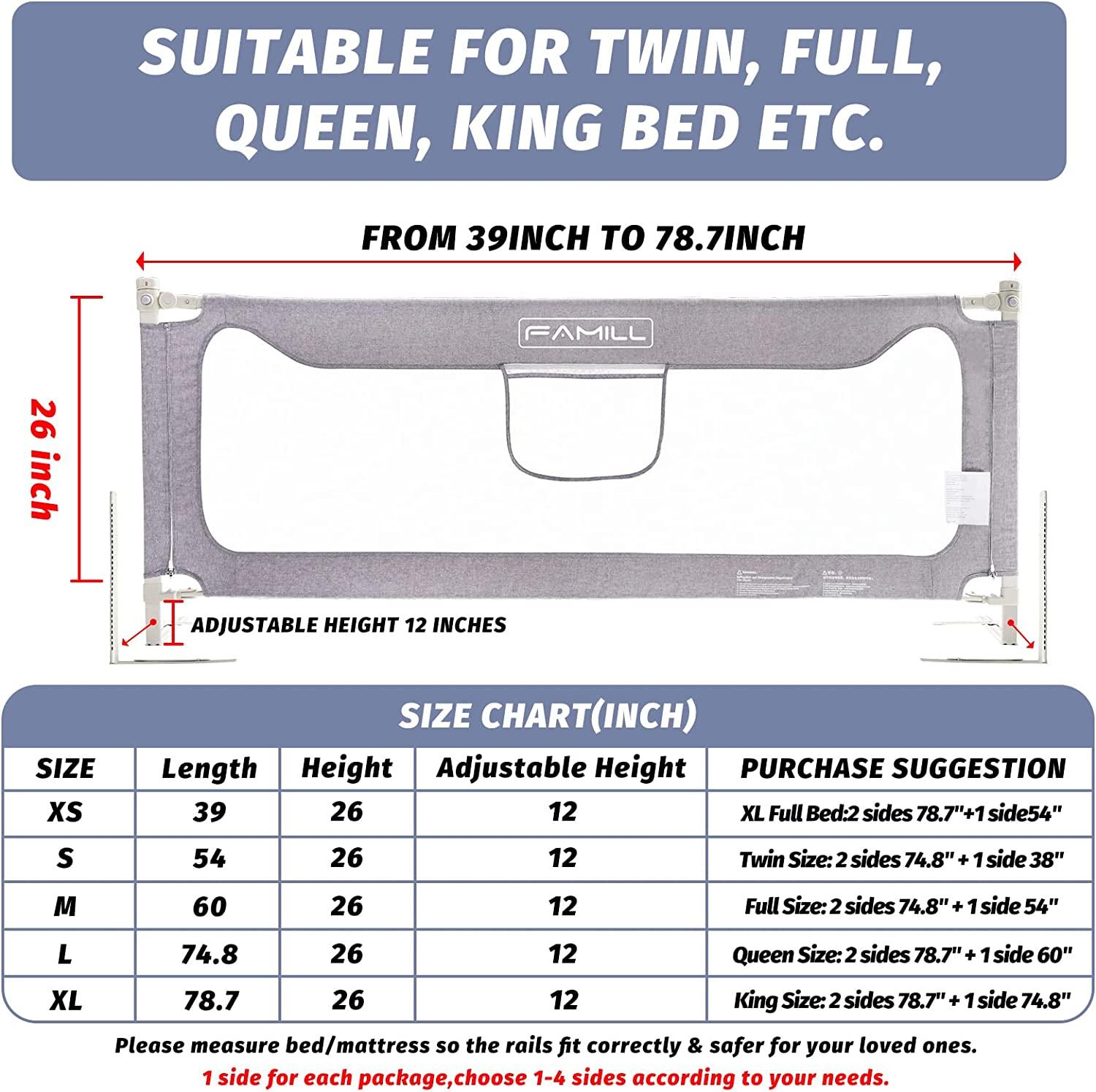 Toddler Bed Rail Guard - Grey 74.8inch for Queen, King, Twin, Full Size ...