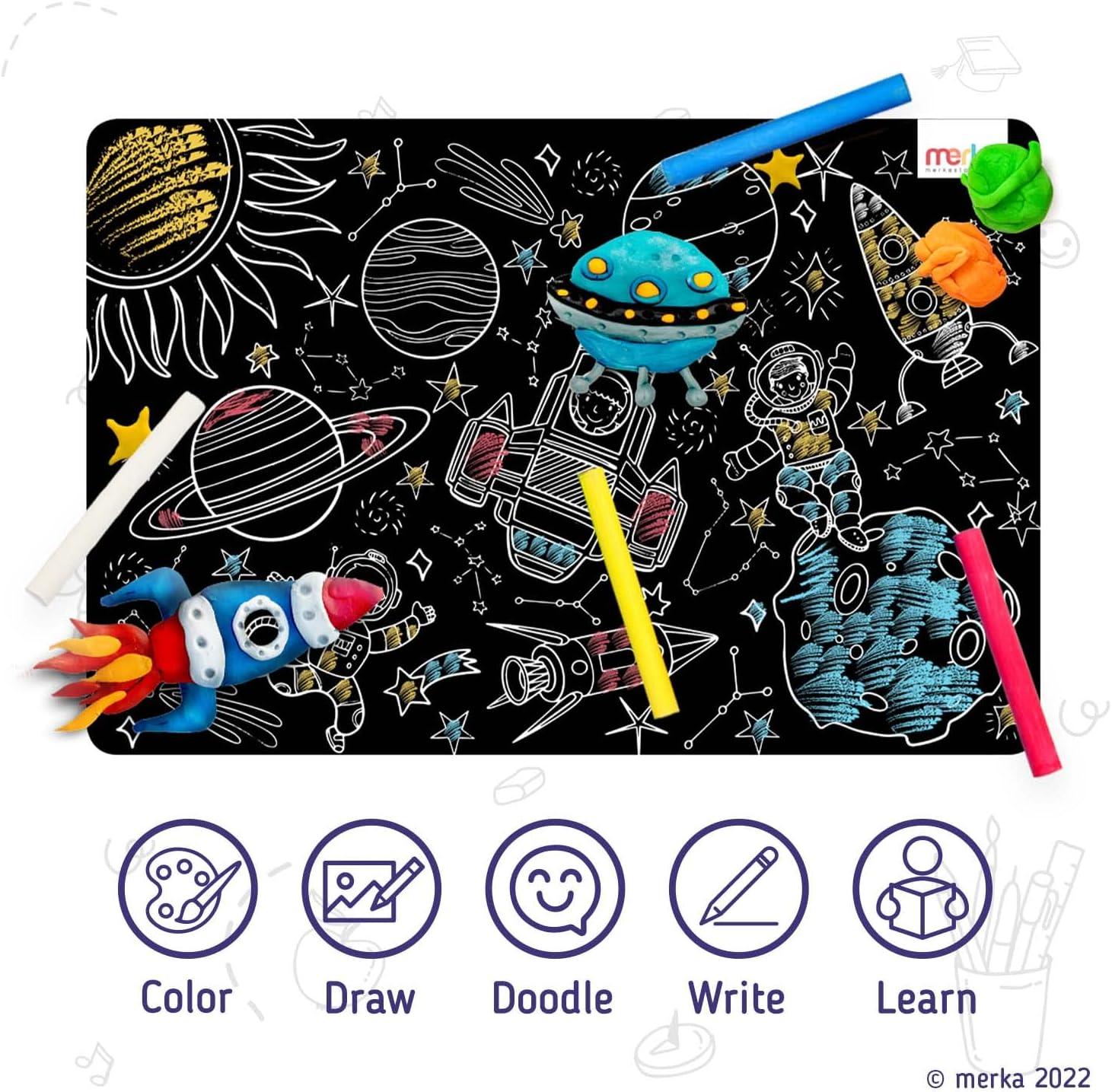 Merka Kids Coloring Placemats Set - 4 Reusable Mats with Chalks, Space ...