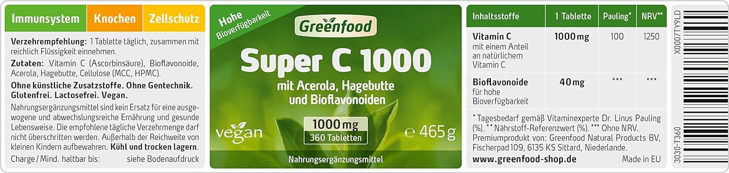 Super C 1000 mg Vitamin C Tablets - High Dose with Acerola Rose Hips ...
