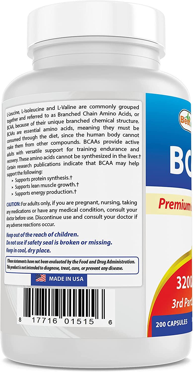 Best Naturals BCAA Branch Chain Amino Acid 3200mg - 200 Capsules ...