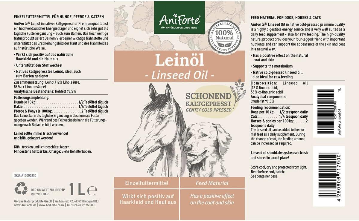 AniForte Cold Pressed Linseed Oil 1 Litre for Dogs Cats and Horses ...