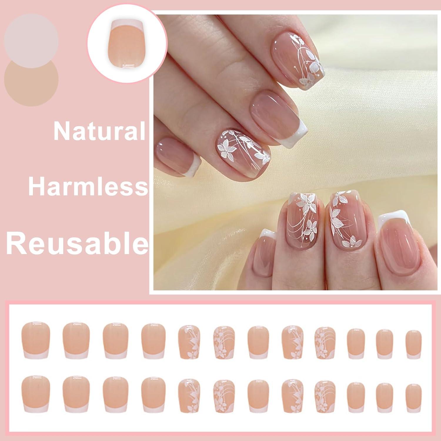 24 Pieces Short Press On Nails - Nude Angular Full Cover with White ...