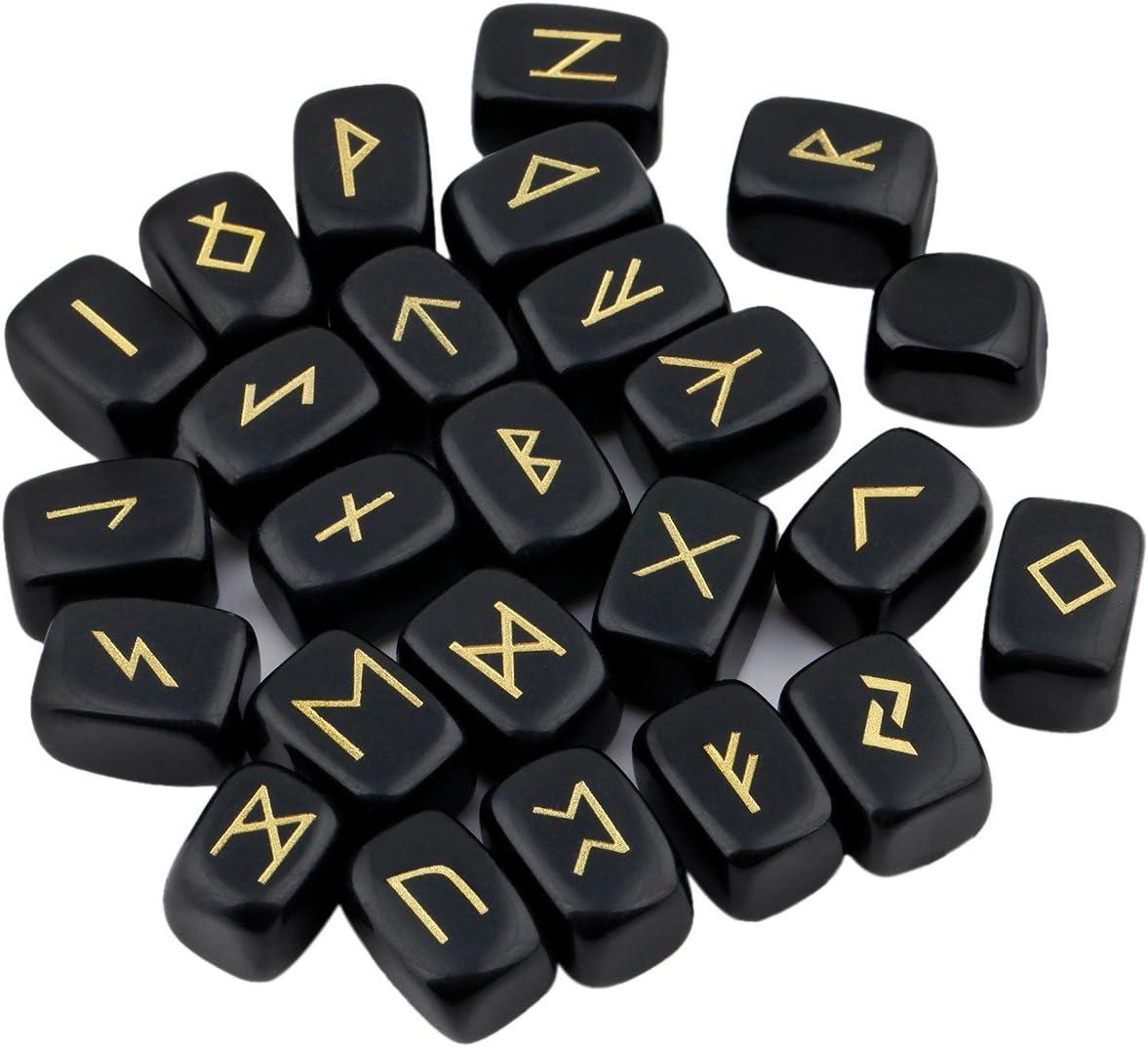 Mookaitedecor Black Obsidian Viking Norse Runes Set - 25 Elder Futhark ...