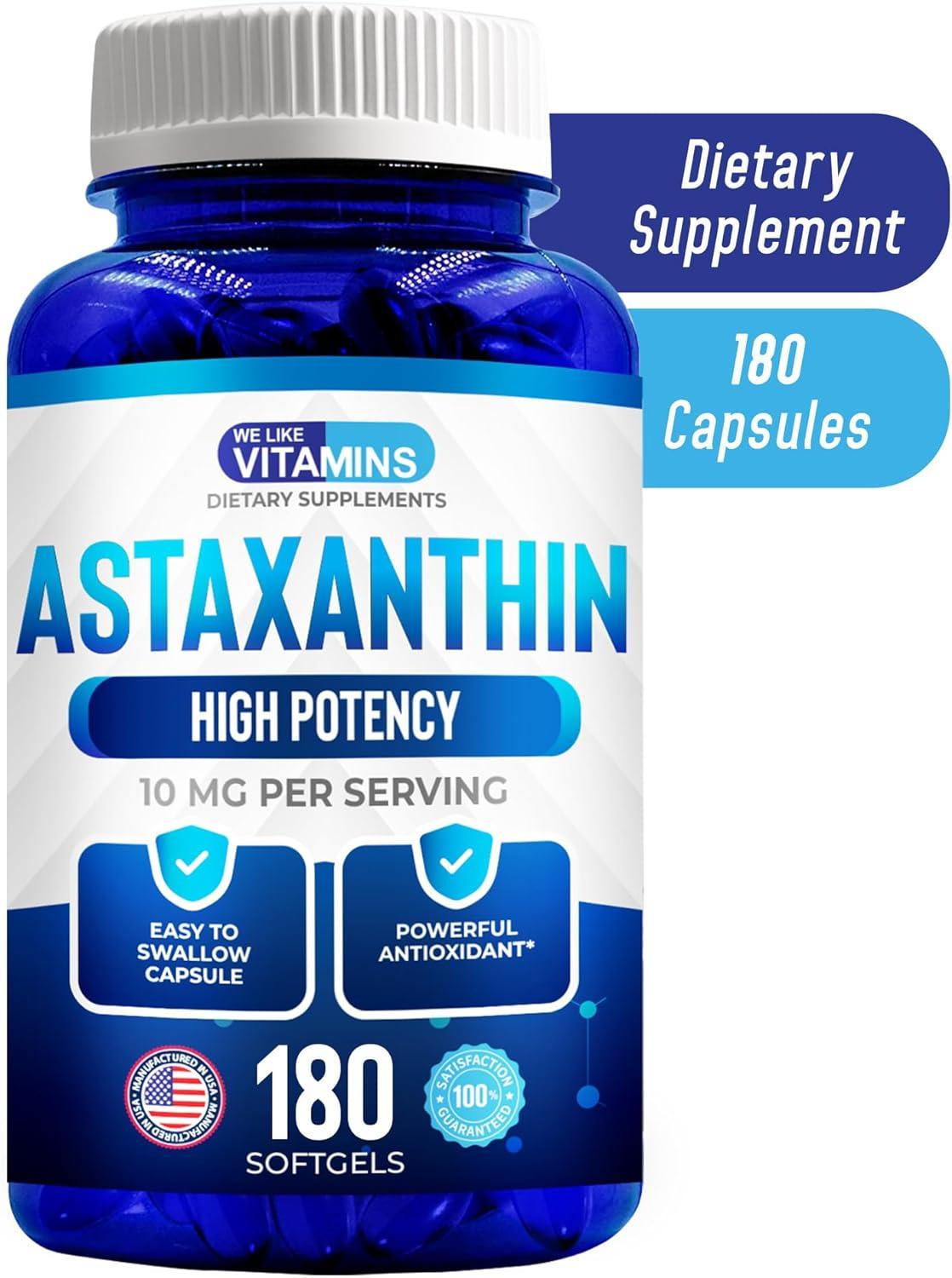 Astaxanthin 10mg Softgel - 180 Softgels | Antioxidant Supplement for ...