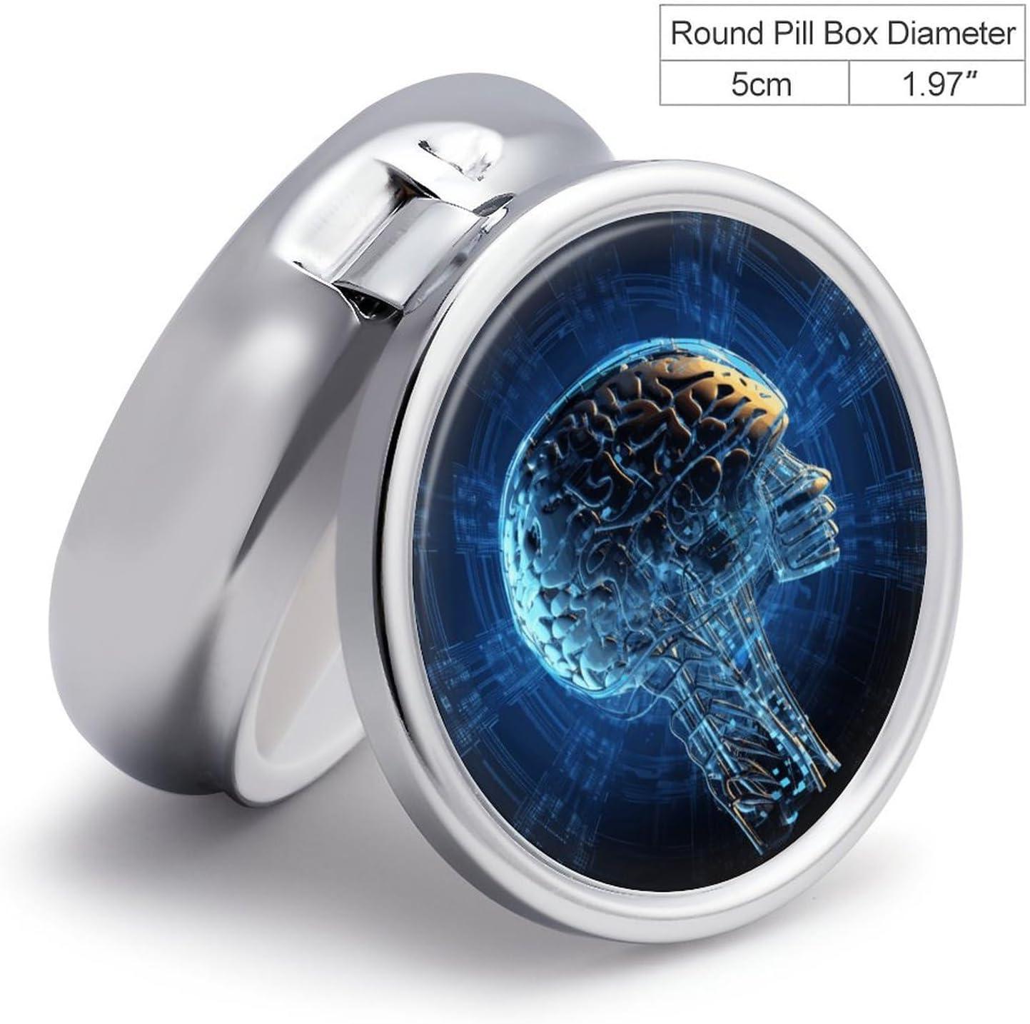 Round Pill Box with AI Brain Print - 3 Compartment Decorative Metal ...
