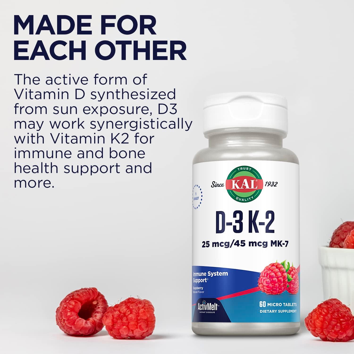 Kal 1000 IU D-3 & K2 Raspberry Tablets 60 Count - Pack of 1 | Buy Now ...