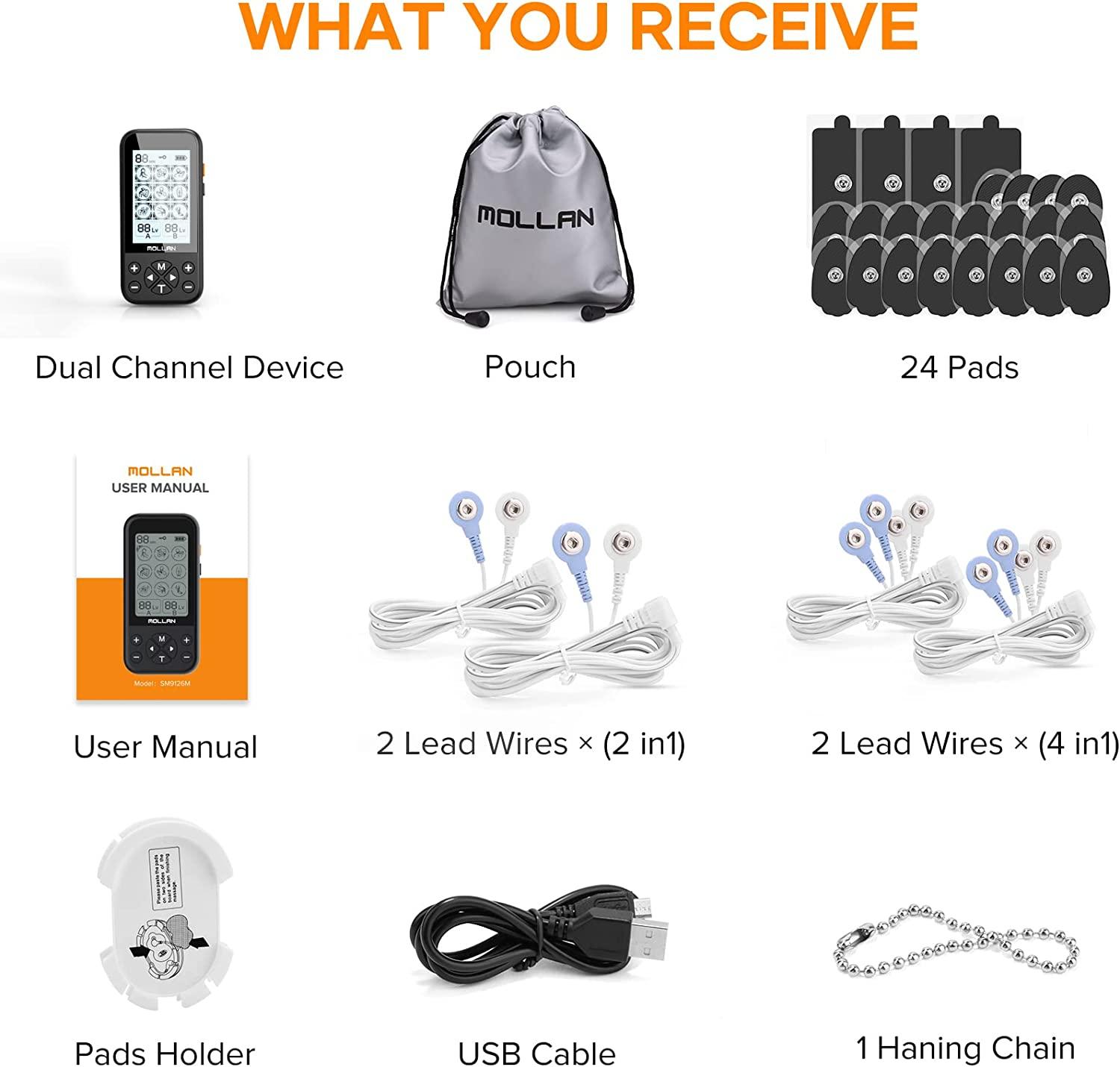 36 Modes Mollan Dual Channel Muscle Stimulator with 12 Electrode Pads ...