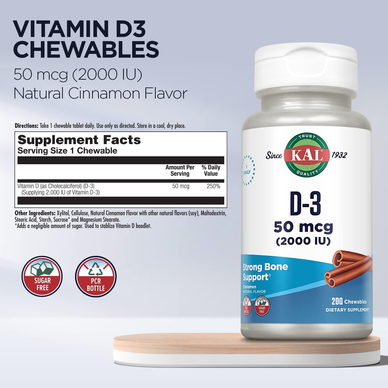 KAL Vitamin D3 Chewables 2000 IU - Sugar Free Cinnamon Flavor - Immune ...