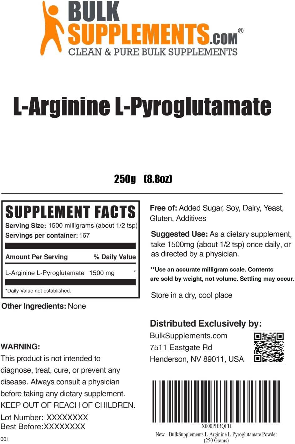 BulkSupplements L-Arginine L-Pyroglutamate Powder - 250g Nitric Oxide ...