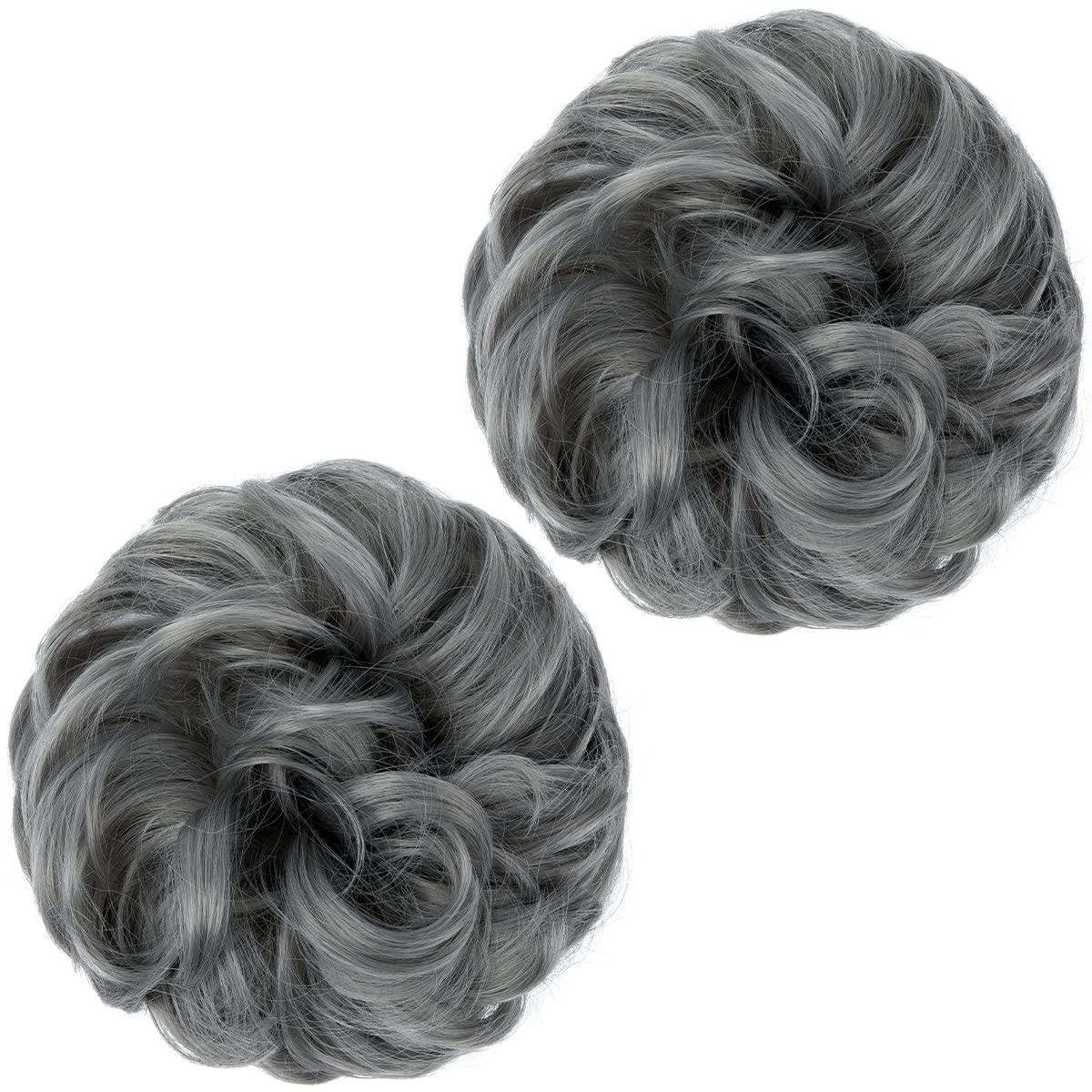 SARLA 2PCS Grey Scrunchies Hair Bun Extensions Wavy Curly Synthetic ...