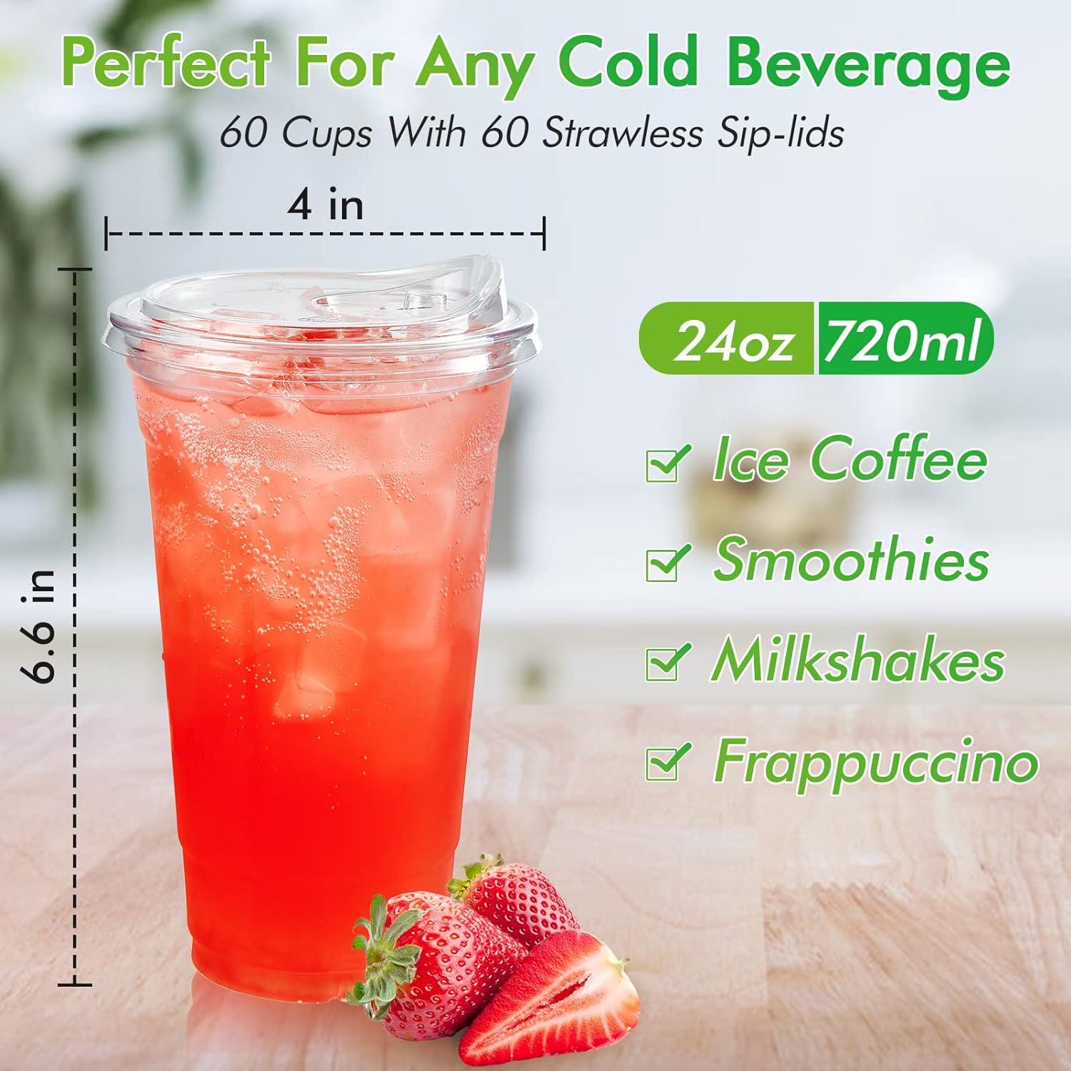 Lilymicky 24oz Clear Plastic Cups with Strawless Sip Lids - 60 Pack for ...