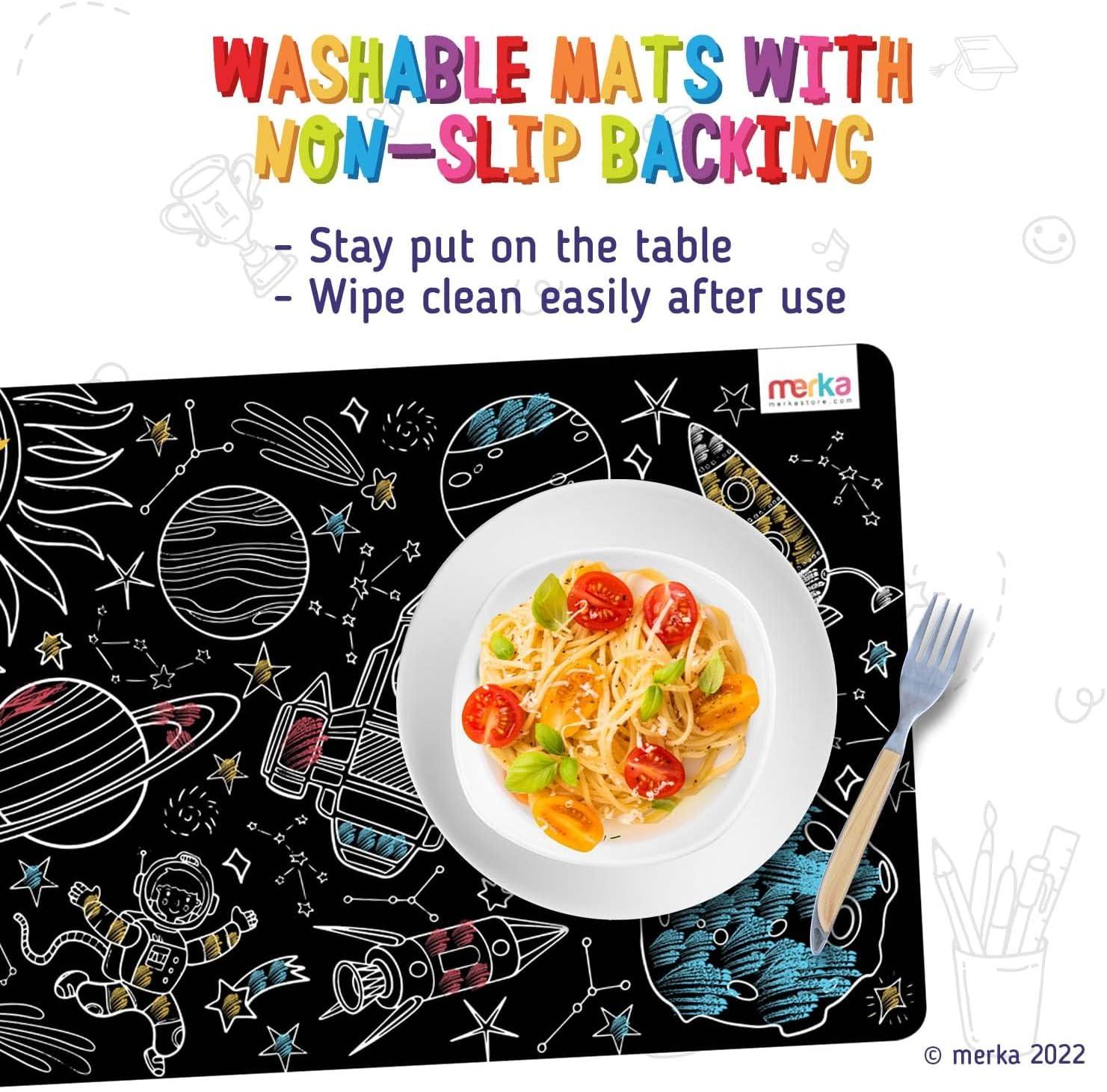 Merka Kids Coloring Placemats Set - 4 Reusable Mats with Chalks, Space ...