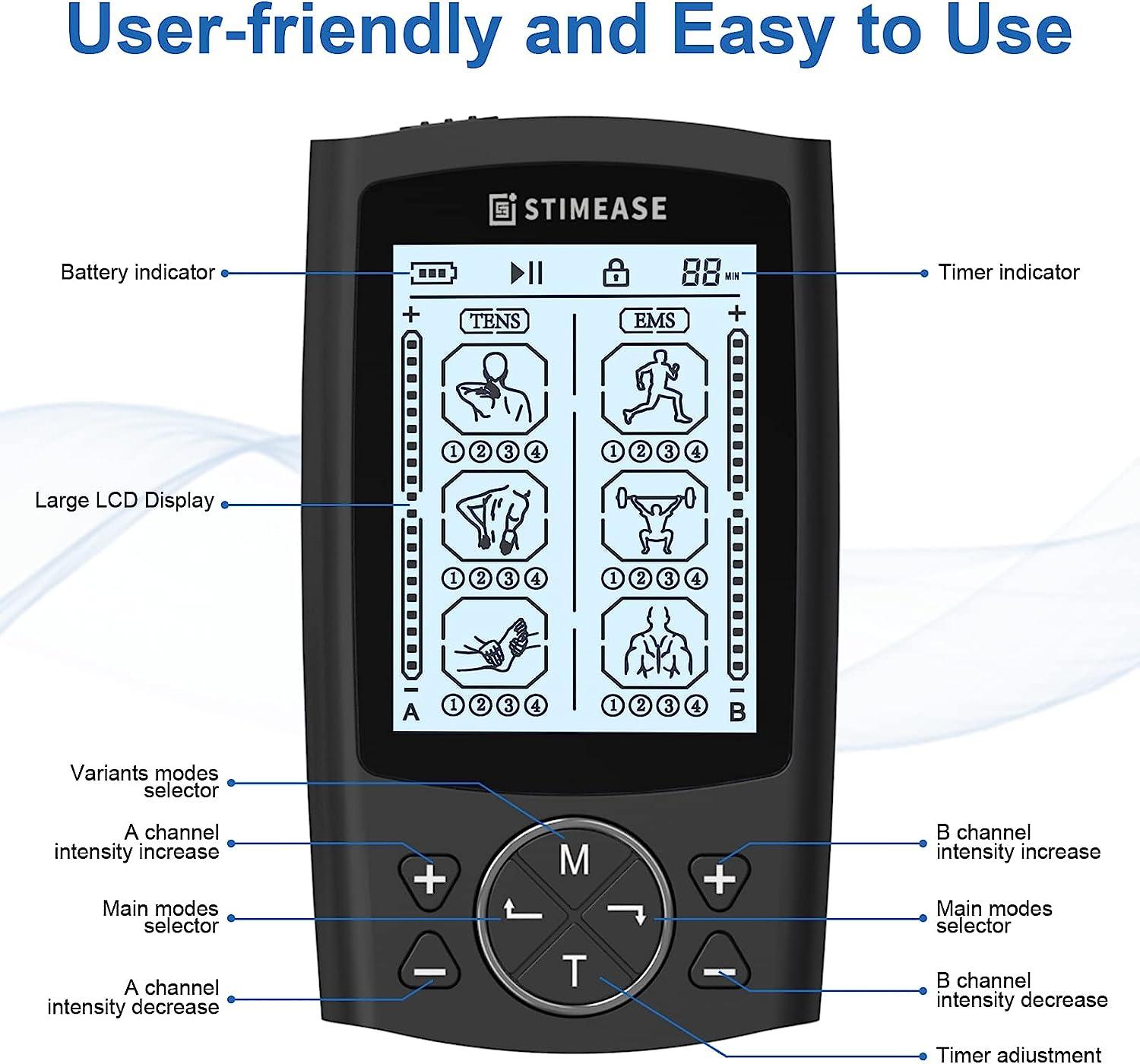 Stimease TENS Unit: 24 Modes Dual Channel TENS EMS Muscle Stimulator ...