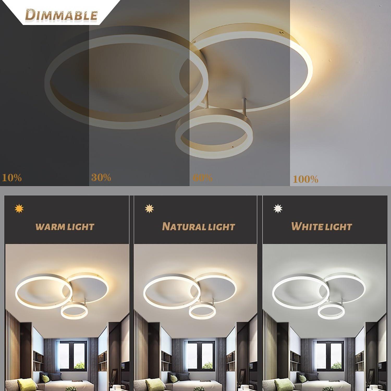 54W Dimmable LED Ceiling Light | Modern 3-Ring Lamp for Living Room ...