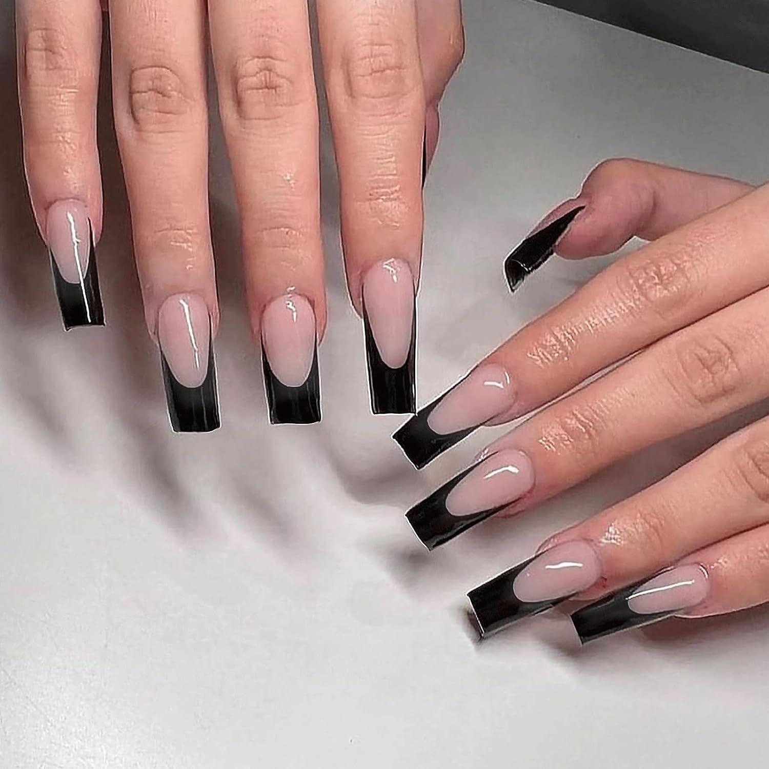 24PCS Black French False Nails | Medium Square Full Cover Press on ...