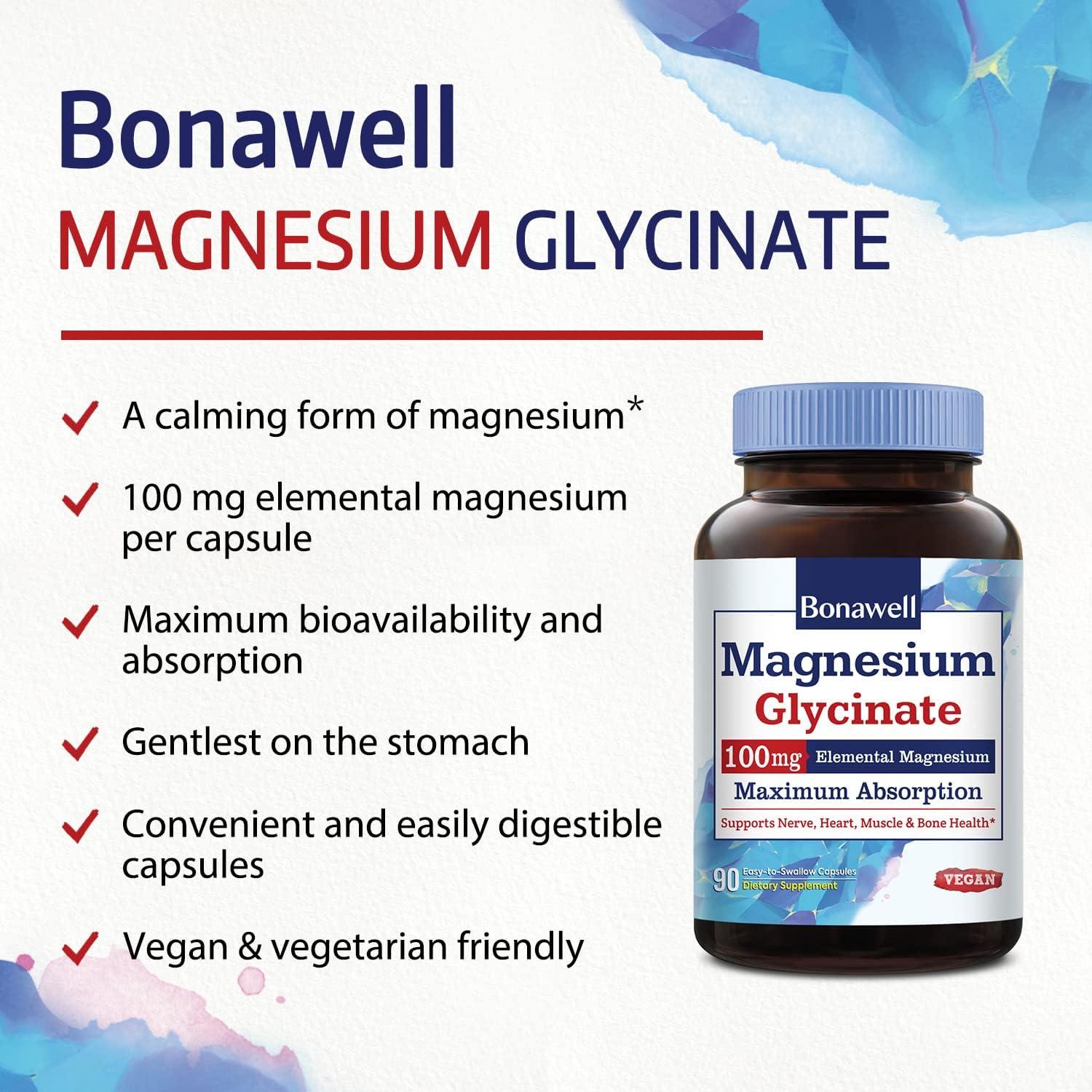 Bonawell Magnesium Glycinate Chelated Supplement - 100mg Elemental ...