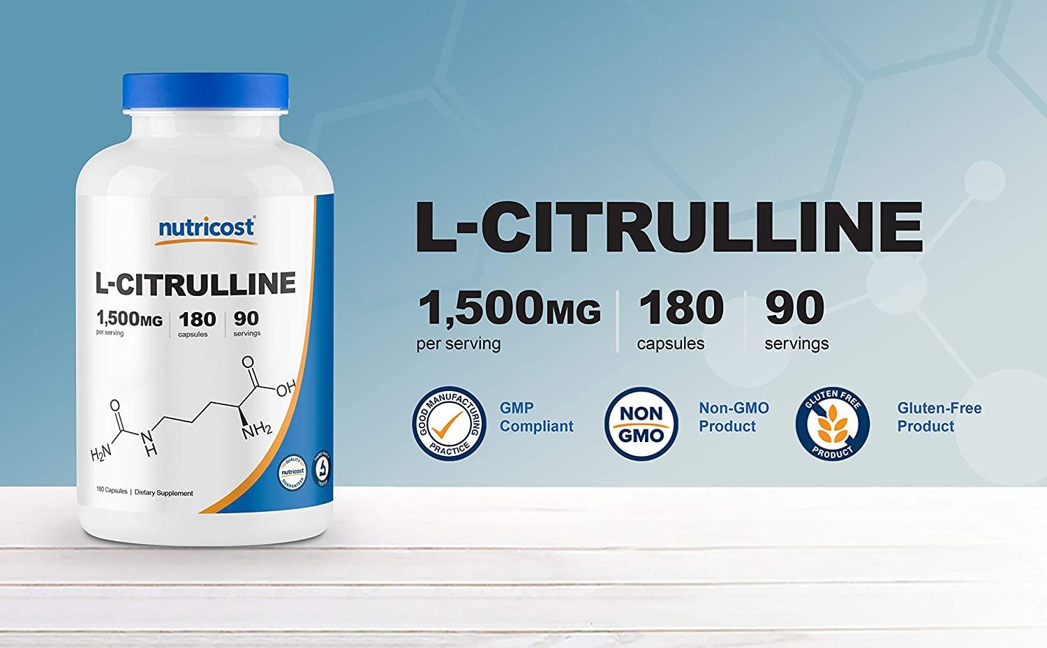 Nutricost L-Citrulline 750mg, 180 Capsules - 1500mg Per Serv, Gluten Free 180 Count (Pack of 1)