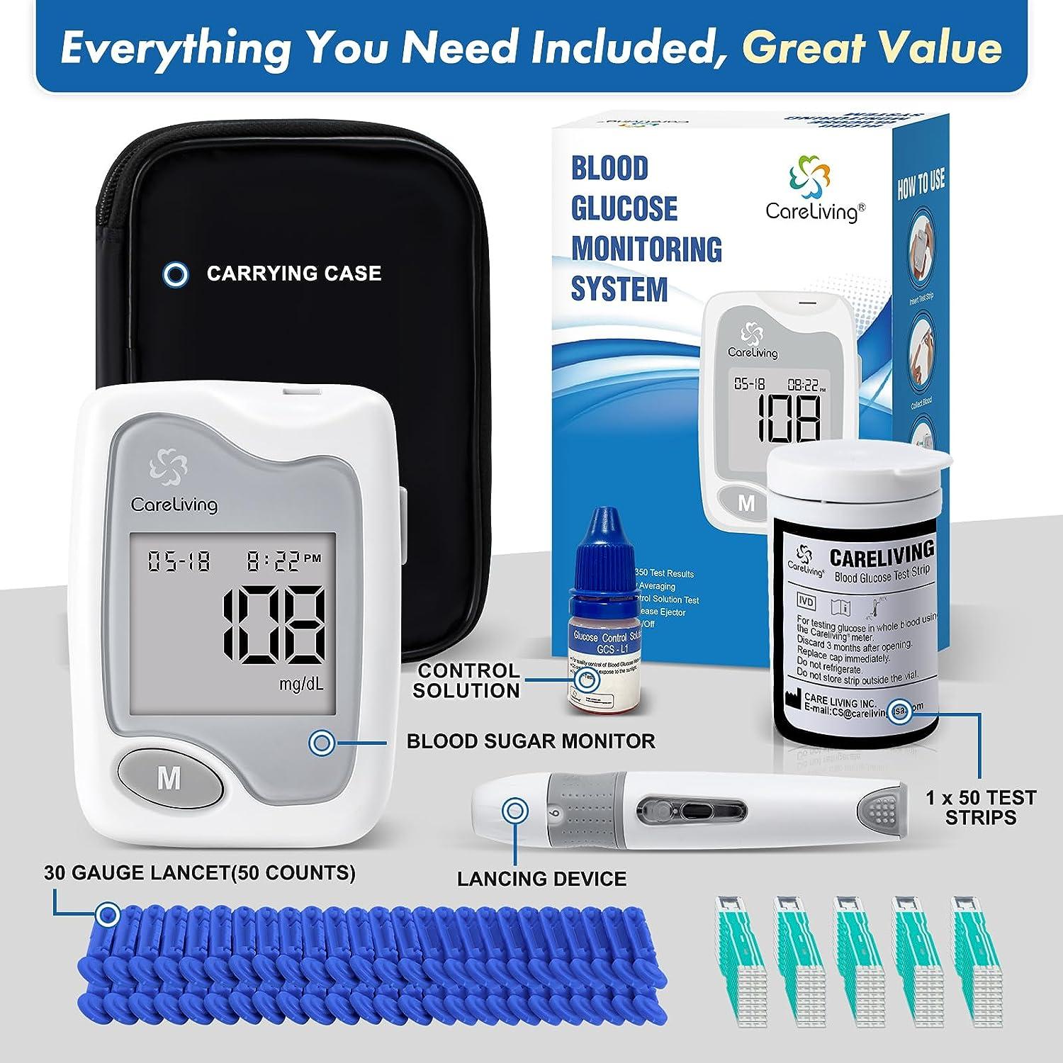 CareLiving Blood Glucose Monitor Kit with 50 Test Strips and Lancets ...