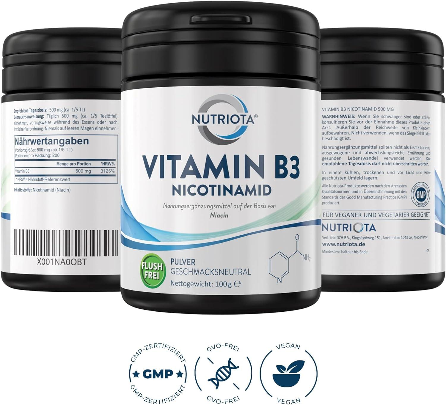 Vitamin B3 Powder 500 mg Flush-Free Niacin Vegan Nicotinamide High-Dose ...
