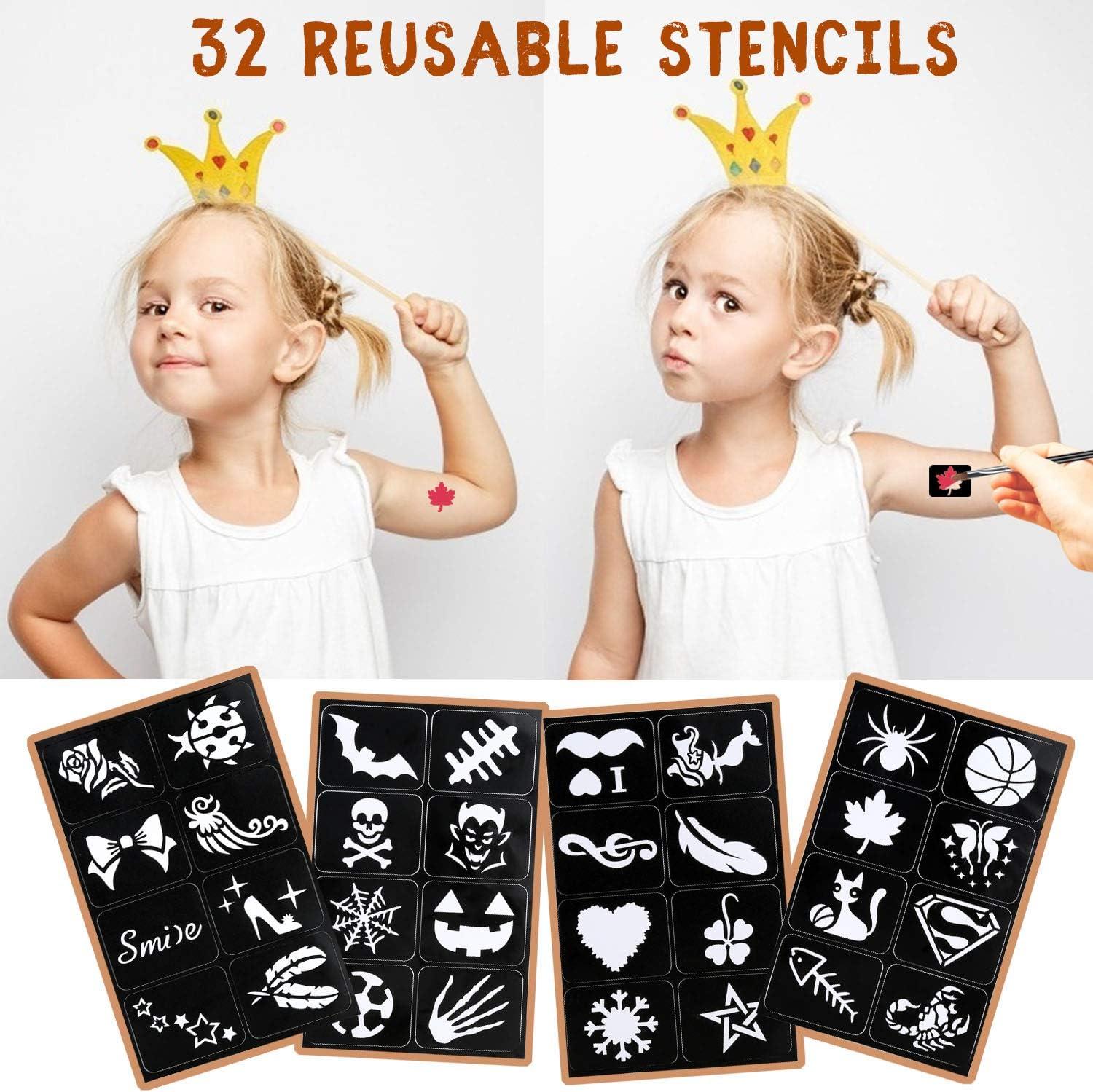 Kids Face Paint Kit - 32 Stencils, 24 Large Water Based Paints, 2 ...