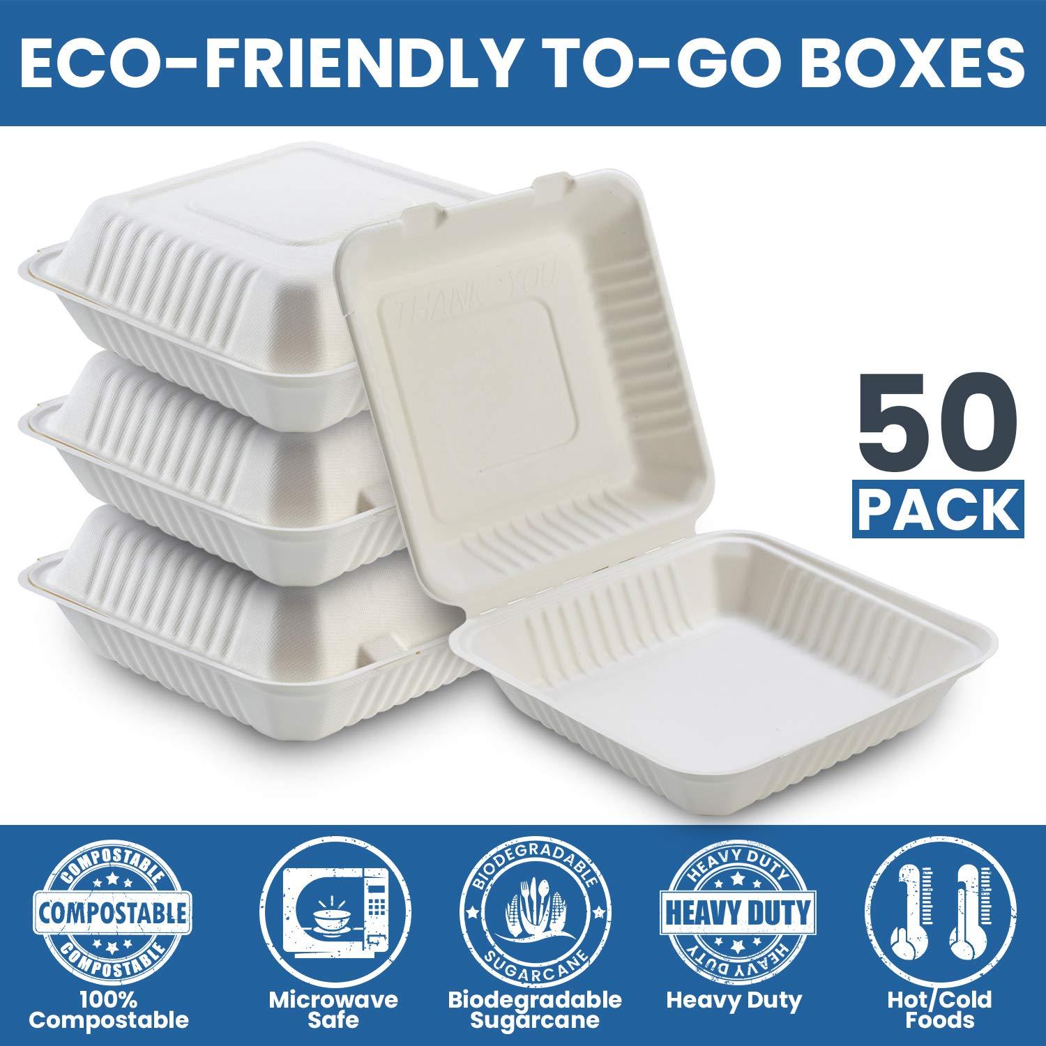 Vallo 100% Compostable Clamshell To Go Boxes 8x8 - 50-Pack, Eco ...
