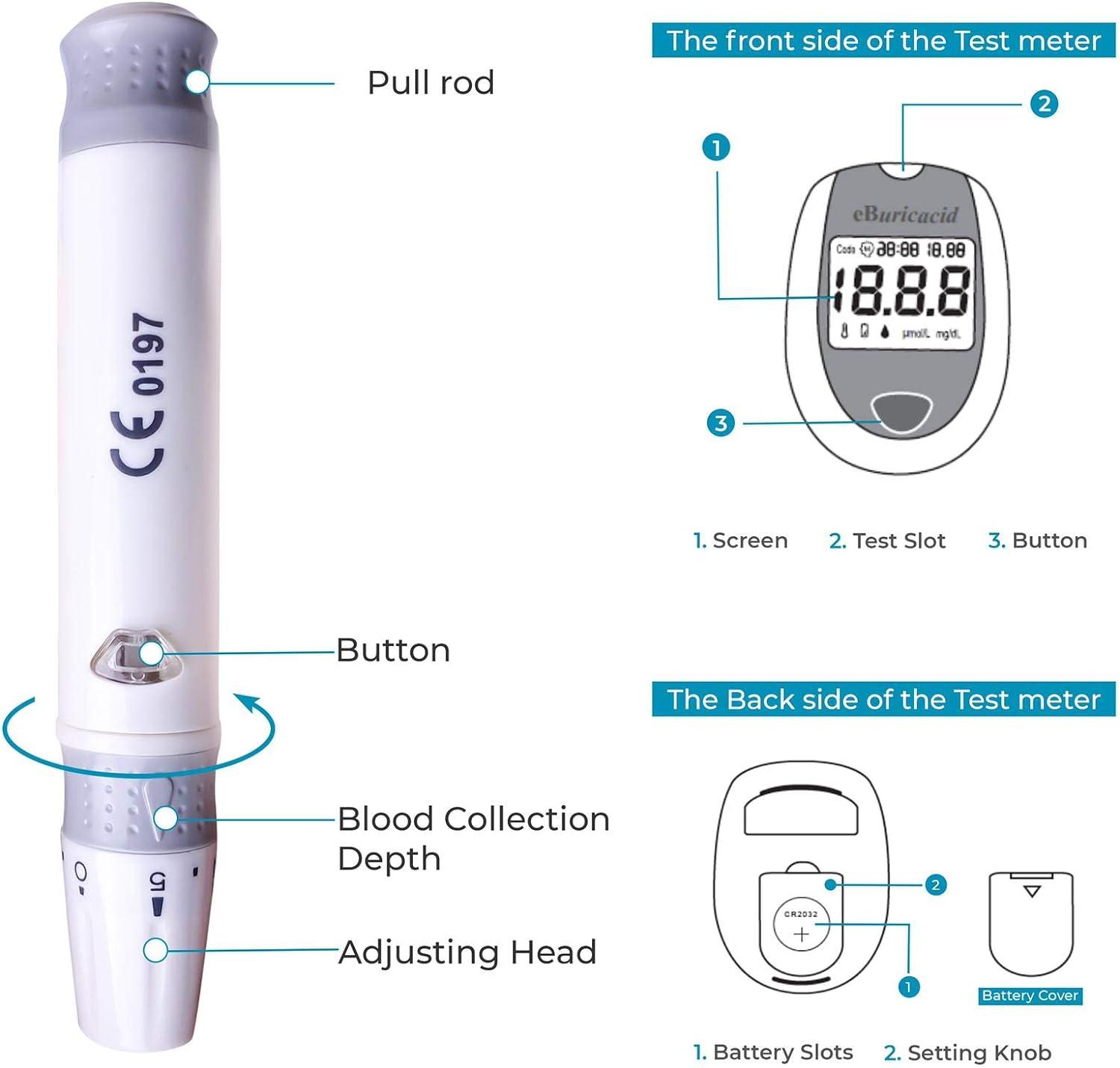 eBuricacid Uric Acid Test Kit - 25 Test Strips, Lancing Device ...