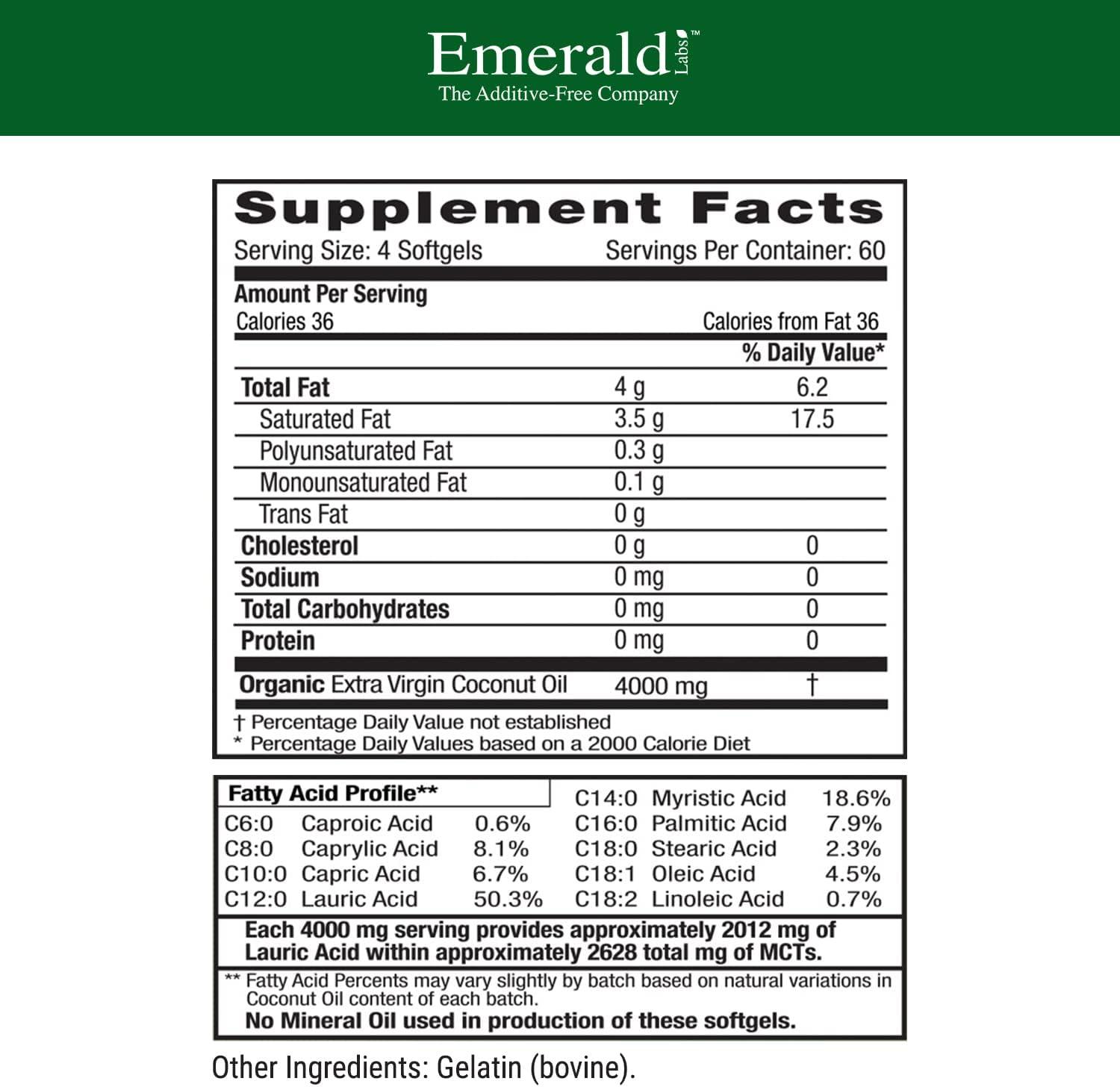 Emerald Labs Coconut Oil Softgels - 100% Pure Extra Virgin Coconut Oil ...