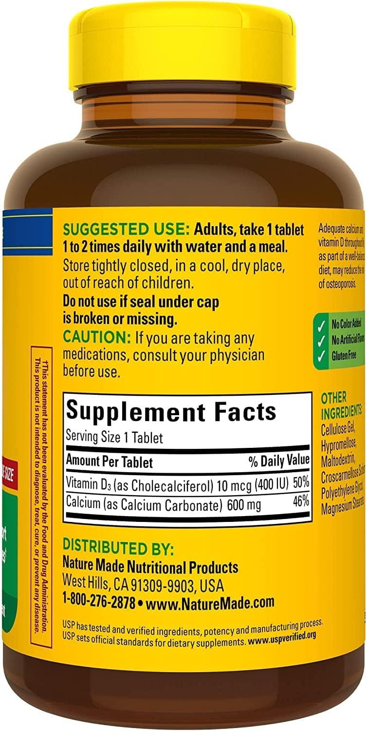 Nature Made Calcium 600mg with Vitamin D3 - 220 Tablets | Bone Support ...